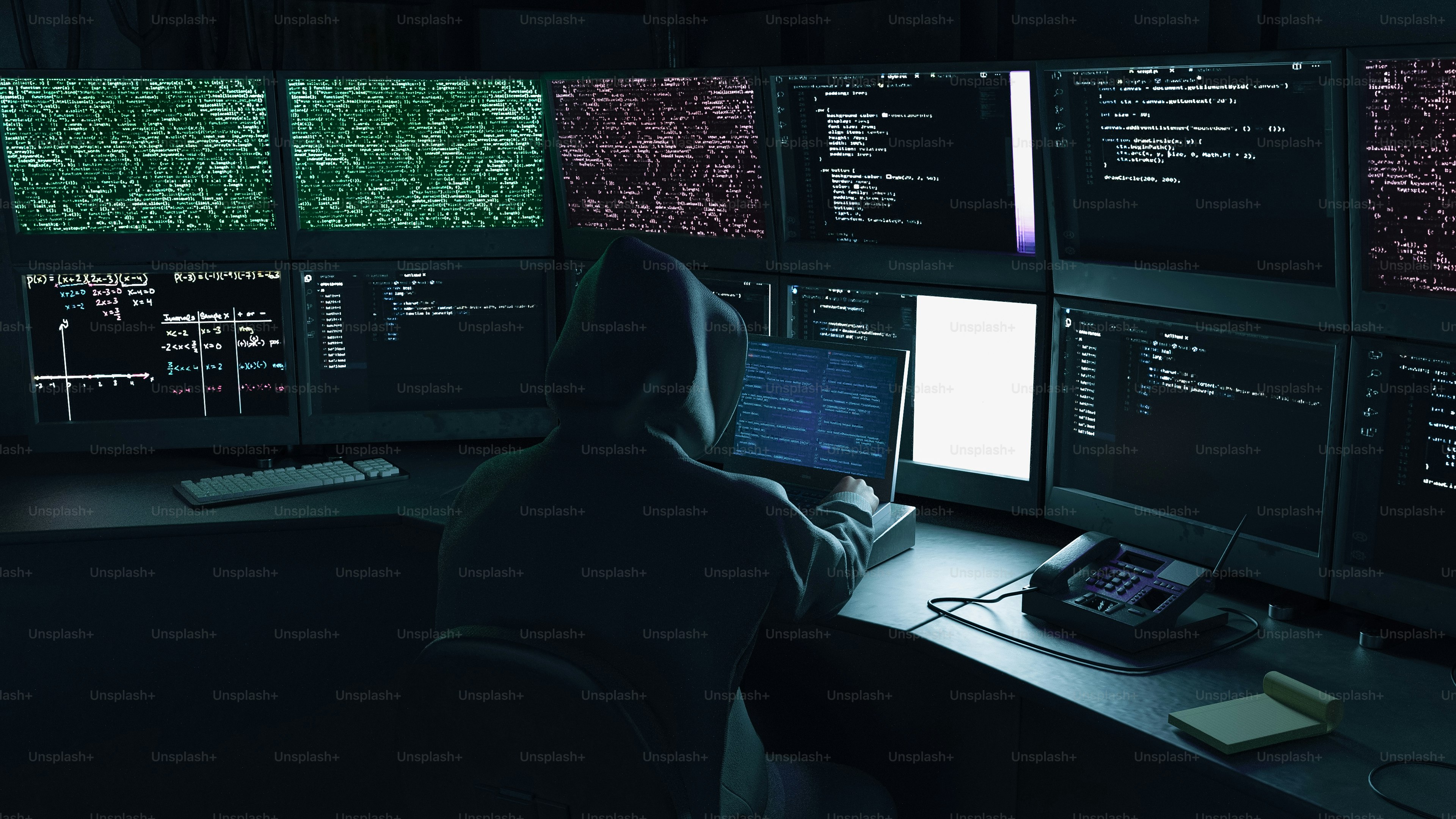 La figura encapuchada trabaja en el portátil rodeada de monitores. foto ...