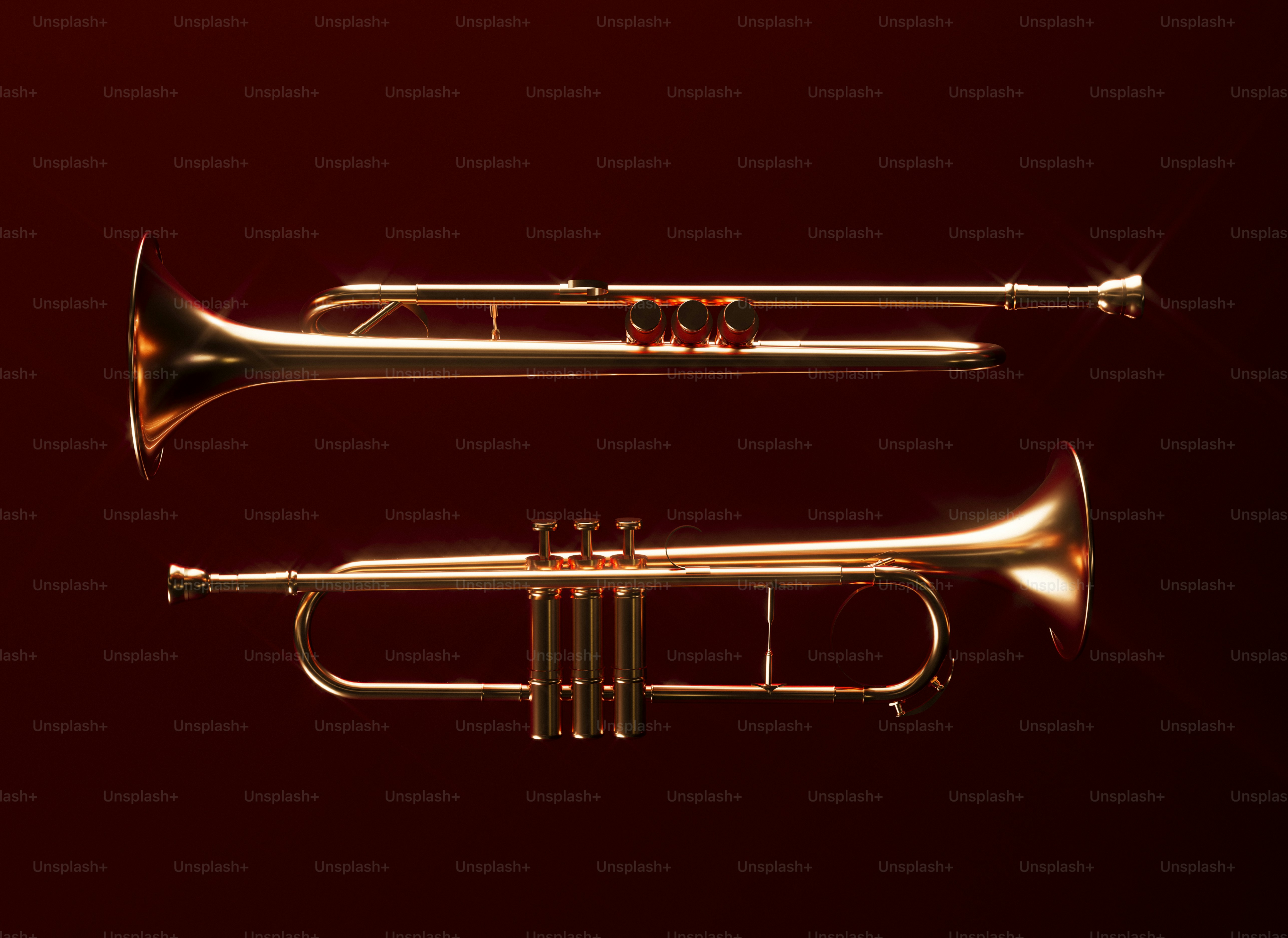 Two golden trumpets on a dark red background photo – Music Image on ...