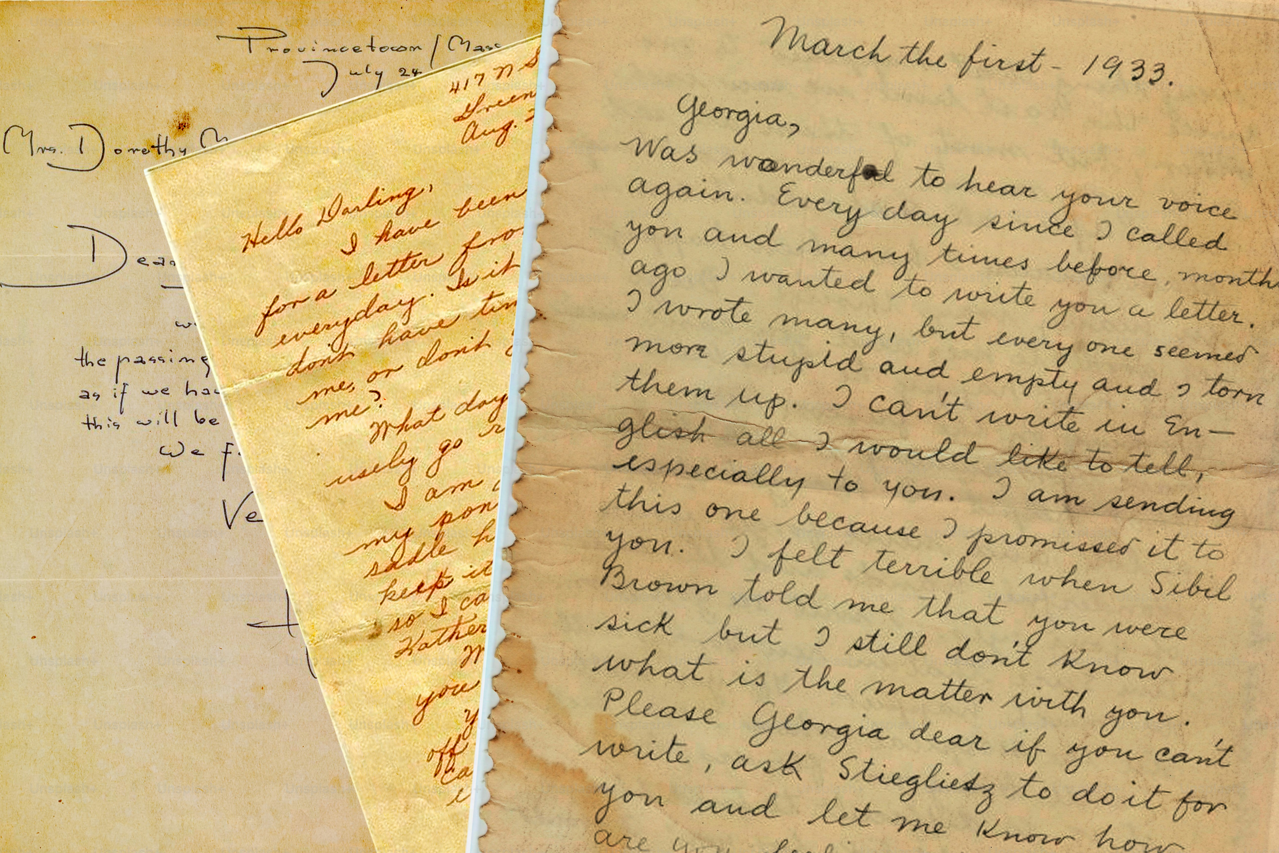 Vintage handwritten letters stacked together, sepia toned. photo ...