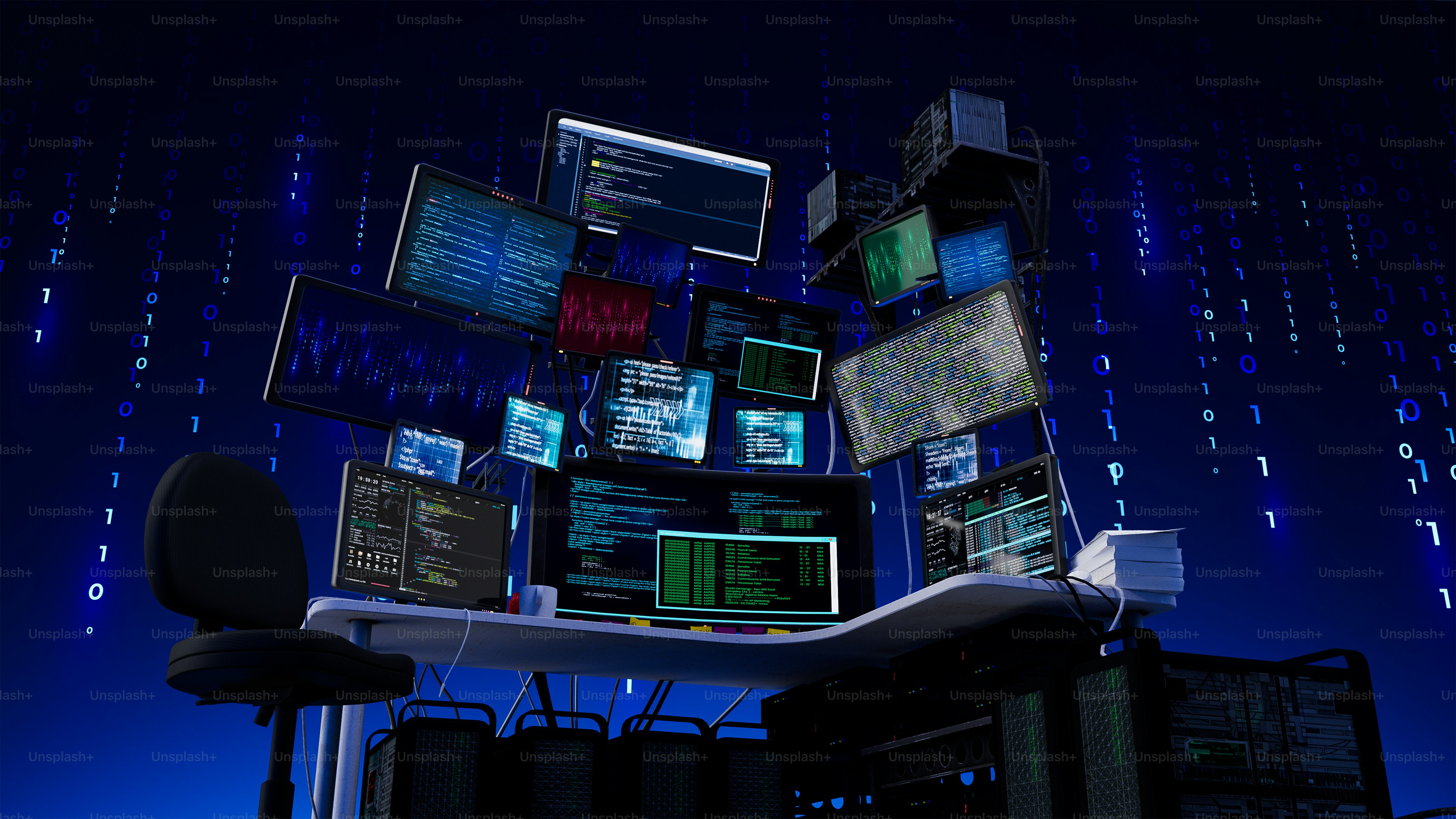 Multiple computer monitors displaying code in a dark room. photo ...