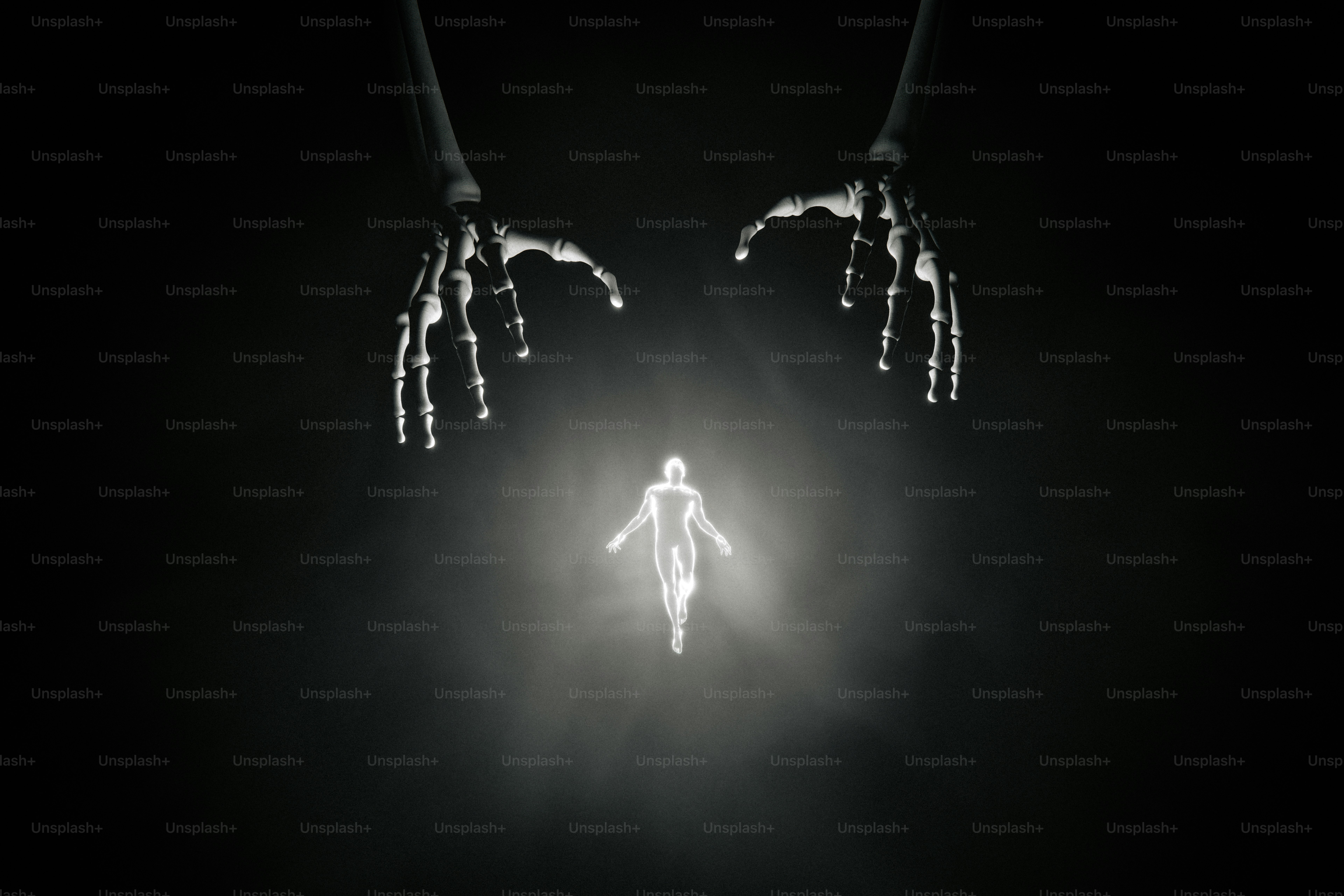 Skeleton hands reaching for glowing ethereal figure photo – Dark ...