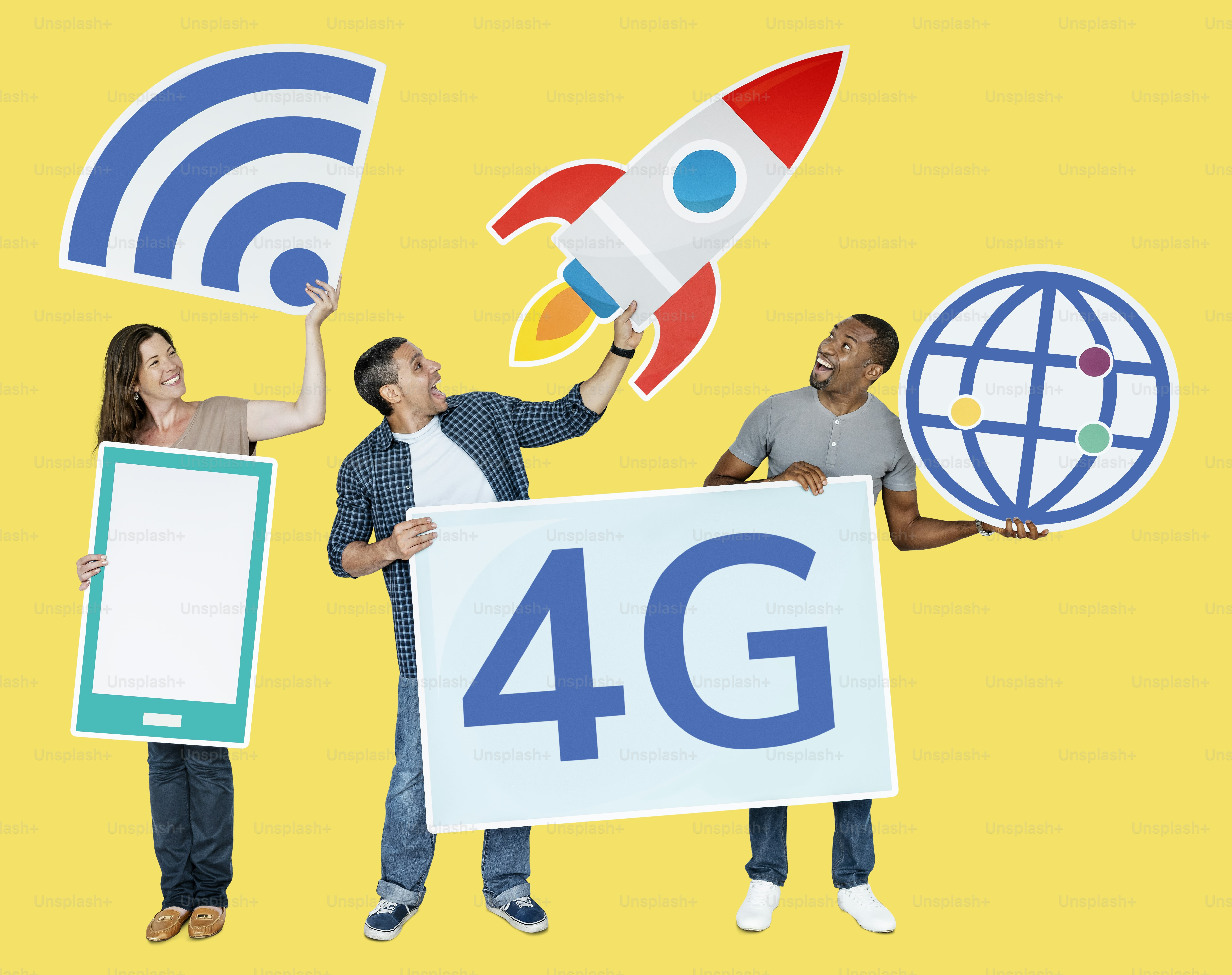 Group of people holding 4G technological icons photo – Woman Image on ...