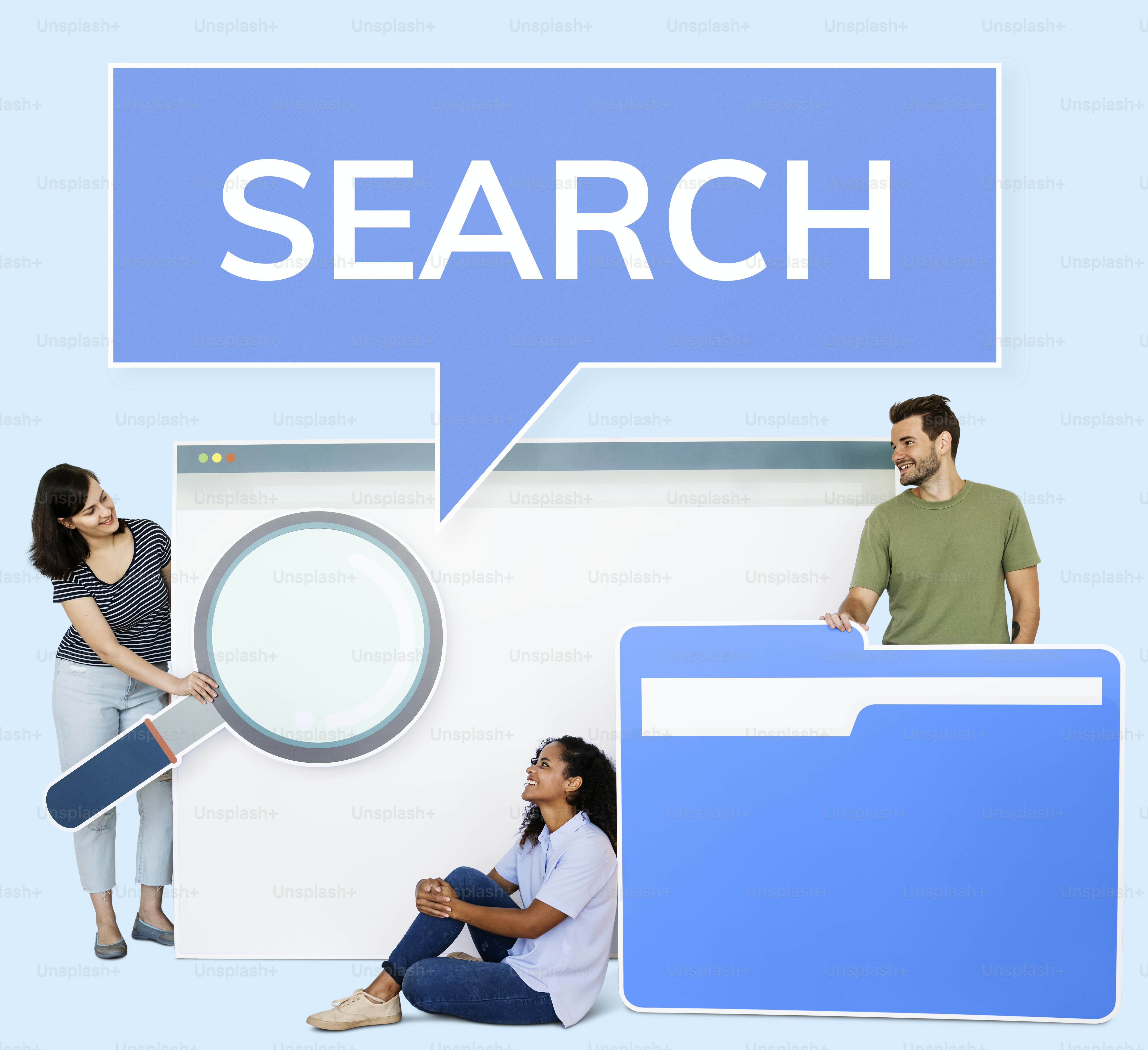 People holding search engine and file browsing icons photo – Business ...