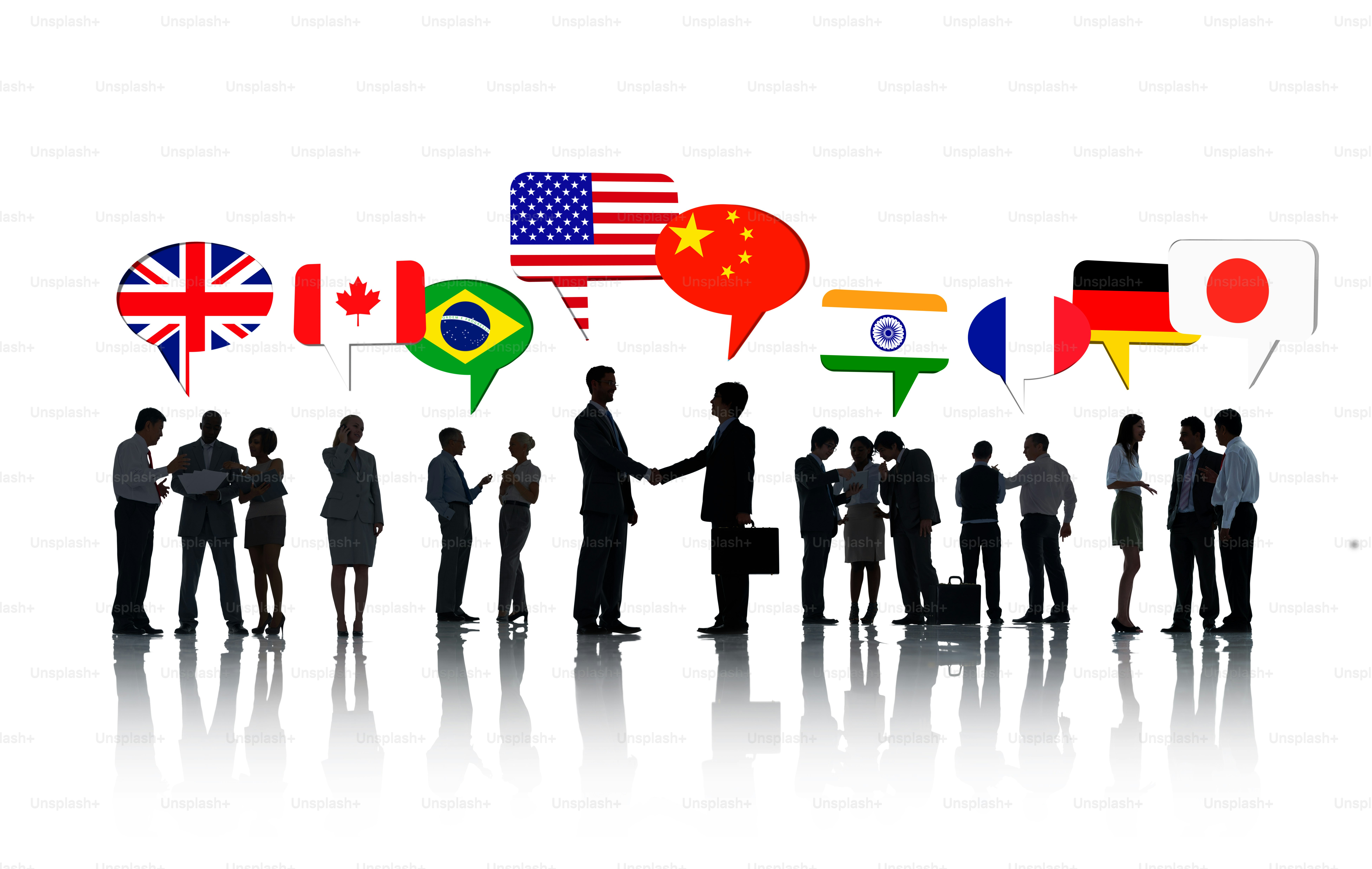Business people shaking hands with flags of different countries. photo ...