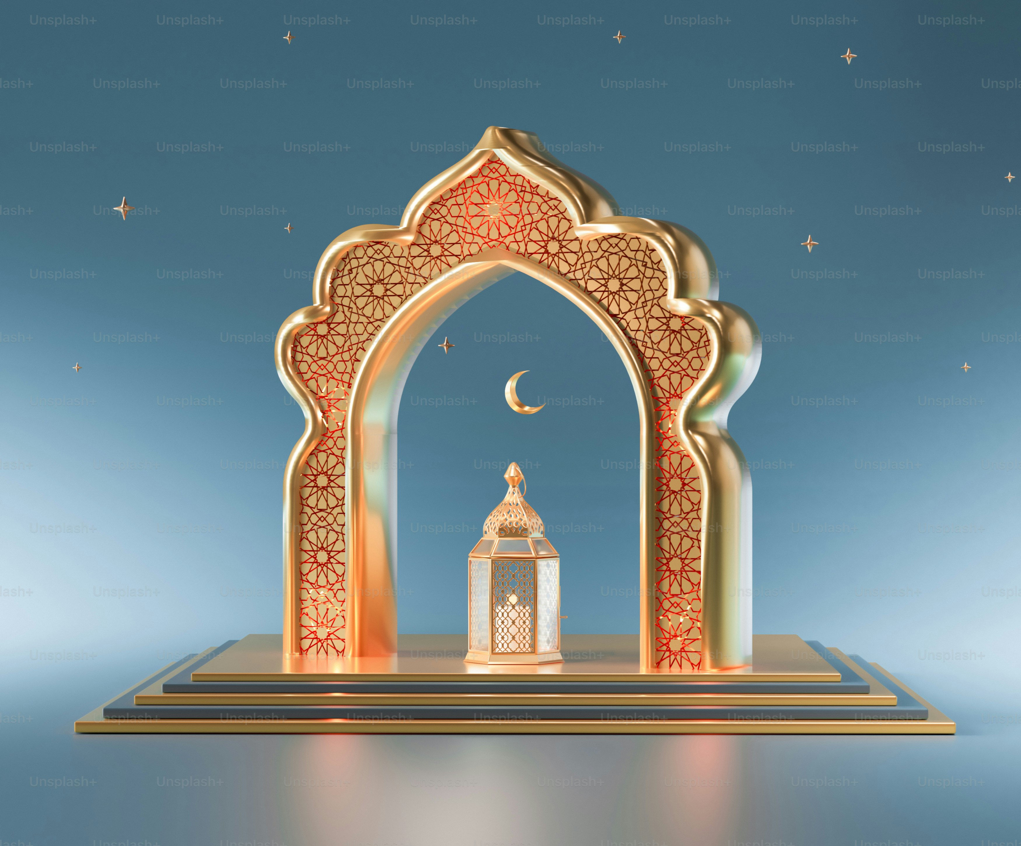 Golden islamic arch with lantern and crescent moon photo – Ramadan ...