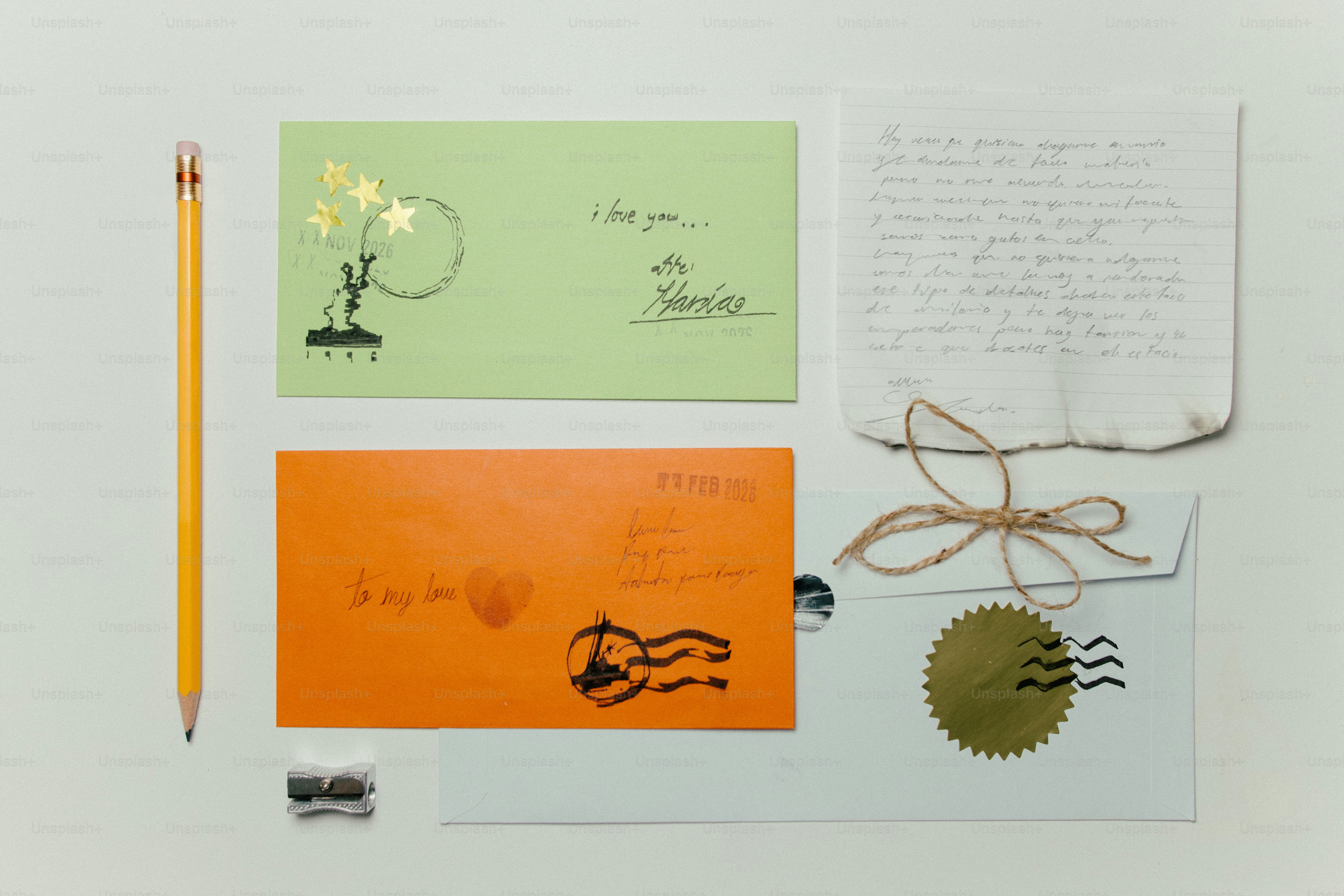 Letters and envelopes arranged with a pencil and eraser. photo ...