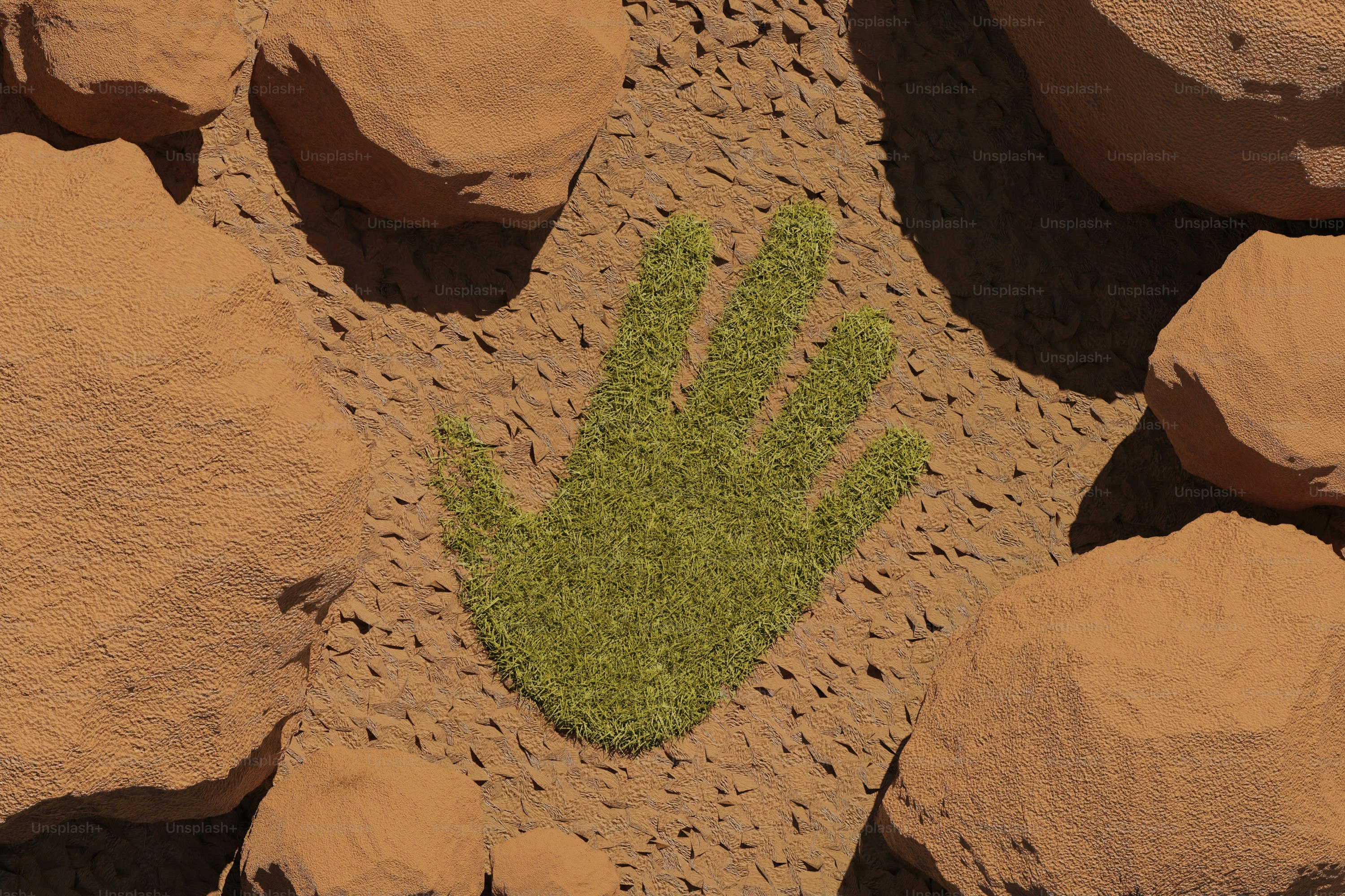 Green handprint made of grass on sandy ground photo – Texture Image on ...