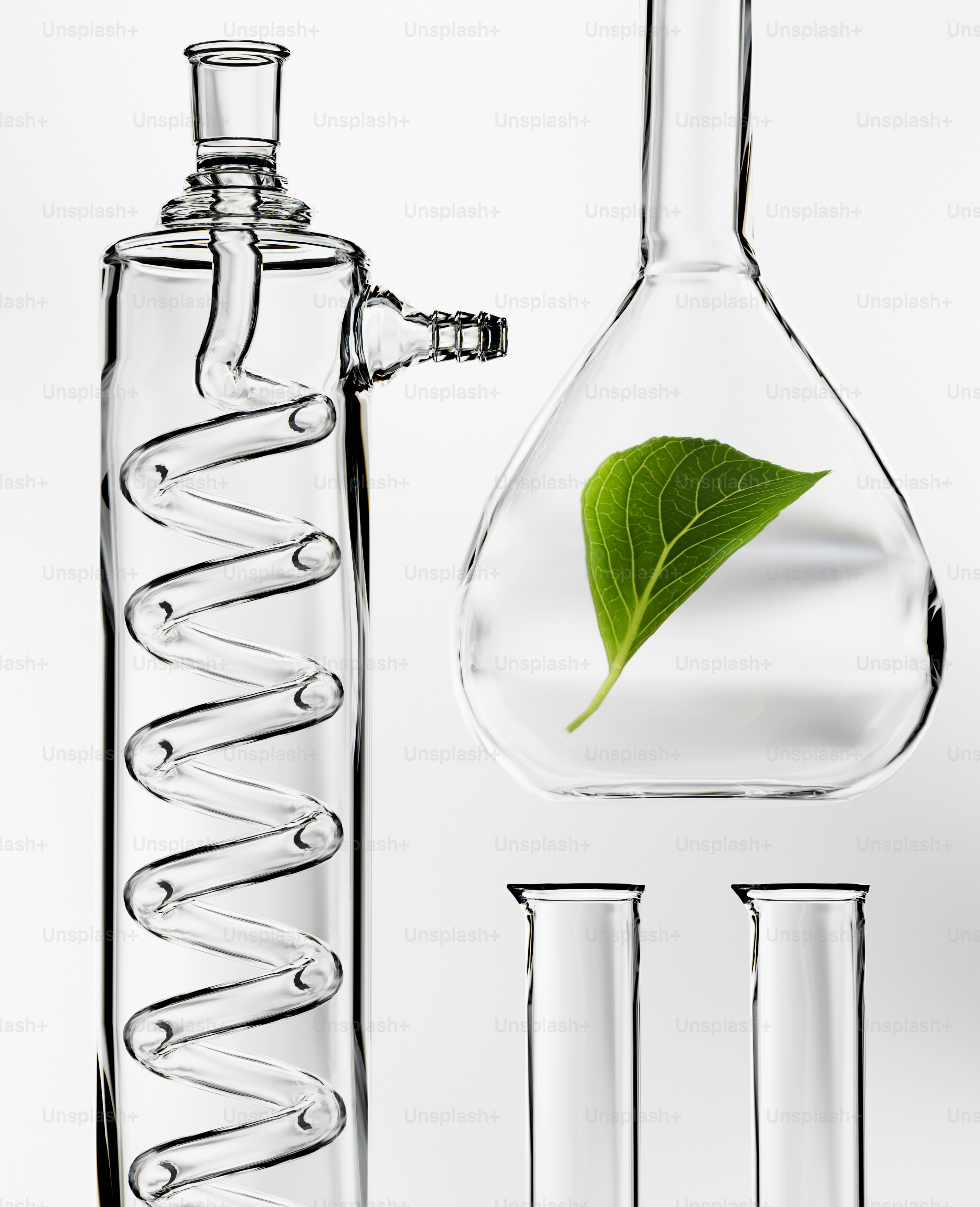 Laboratory glassware with a green leaf in a flask photo – Education ...