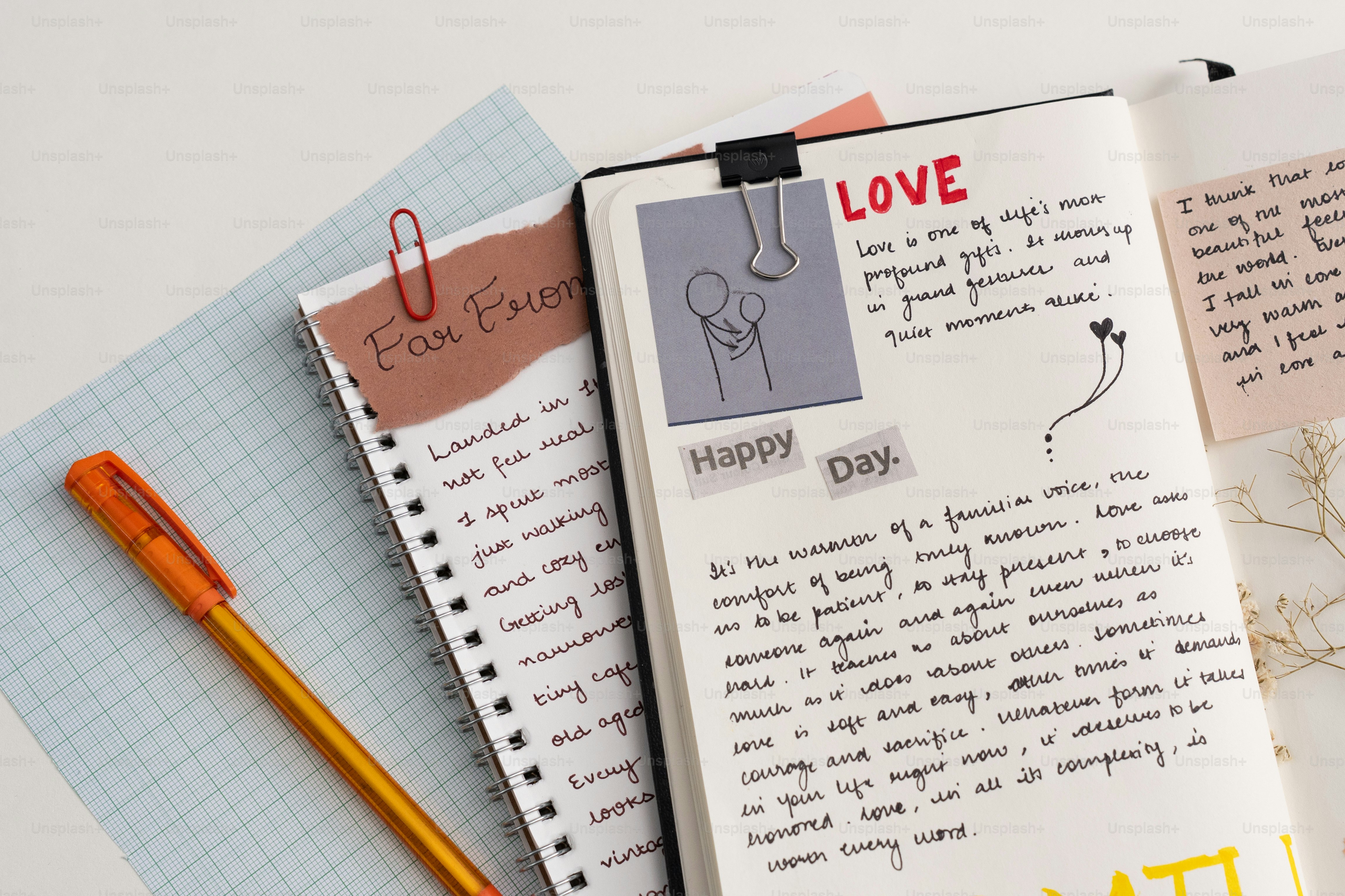 Open journal displaying handwritten notes, photos, and pen. photo ...