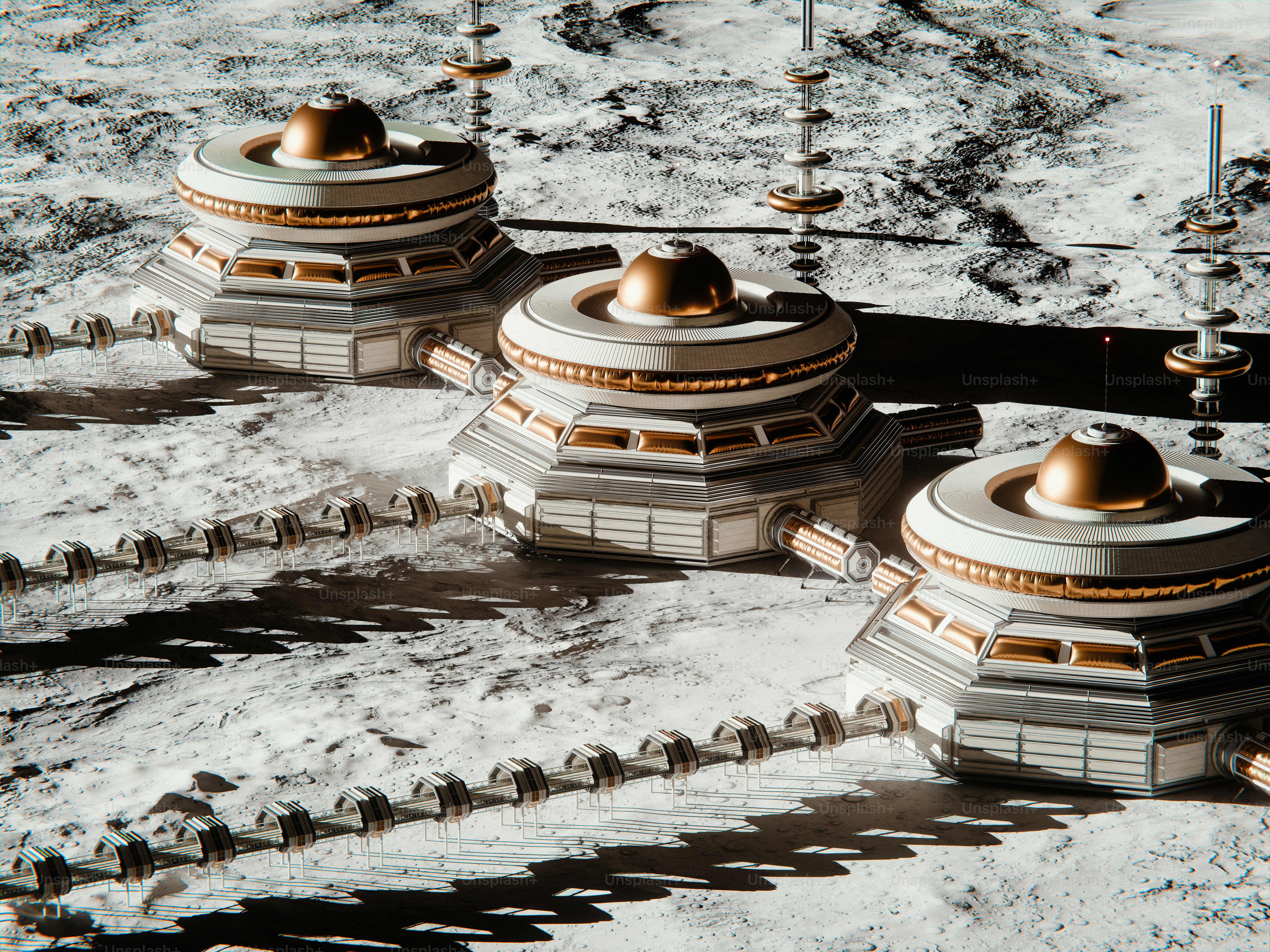 Futuristic lunar base with interconnected white and gold structures ...