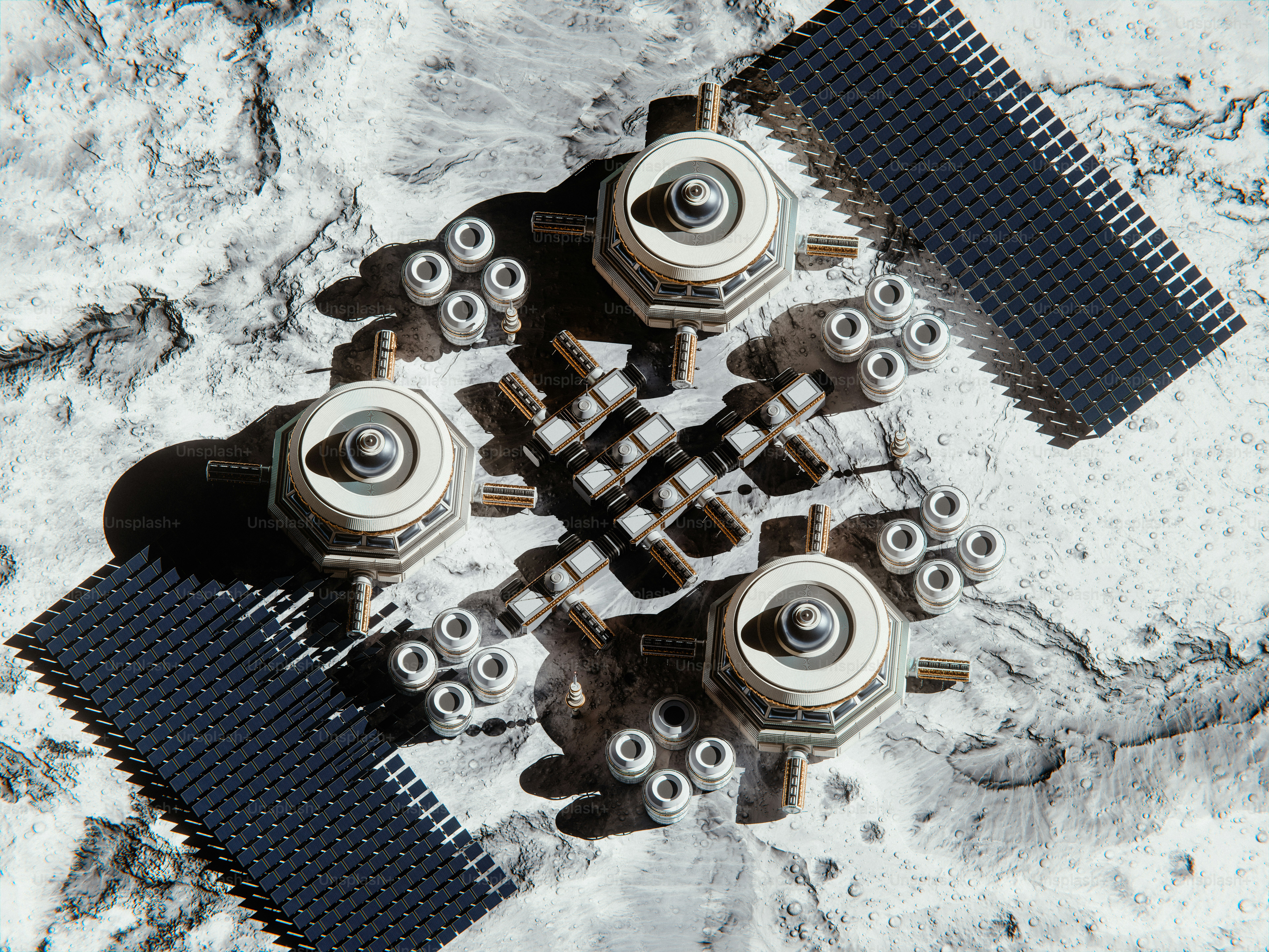 Futuristic modular base on a desolate, textured surface. photo ...