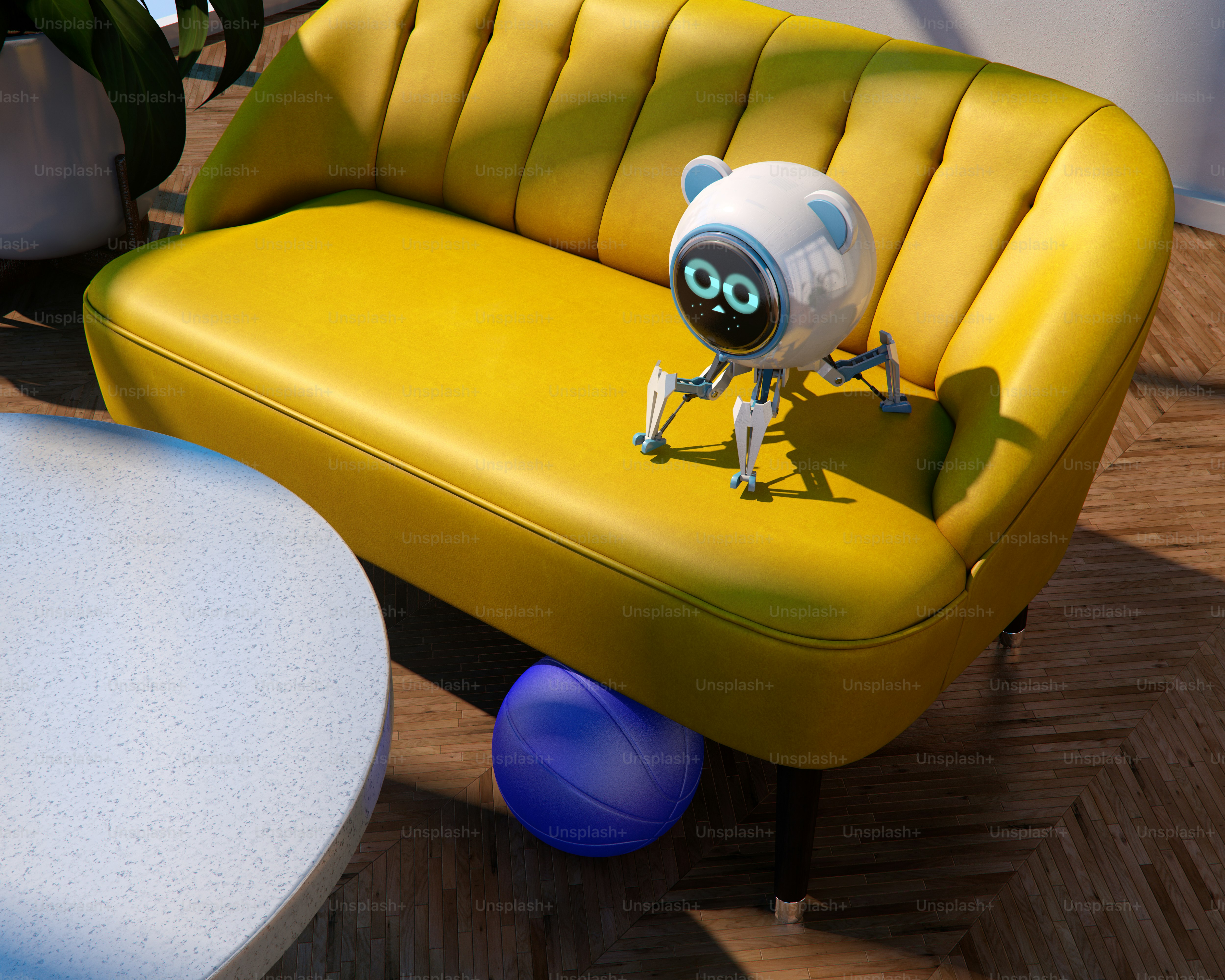 A white robot sits on a vibrant yellow sofa. photo – Artificial ...