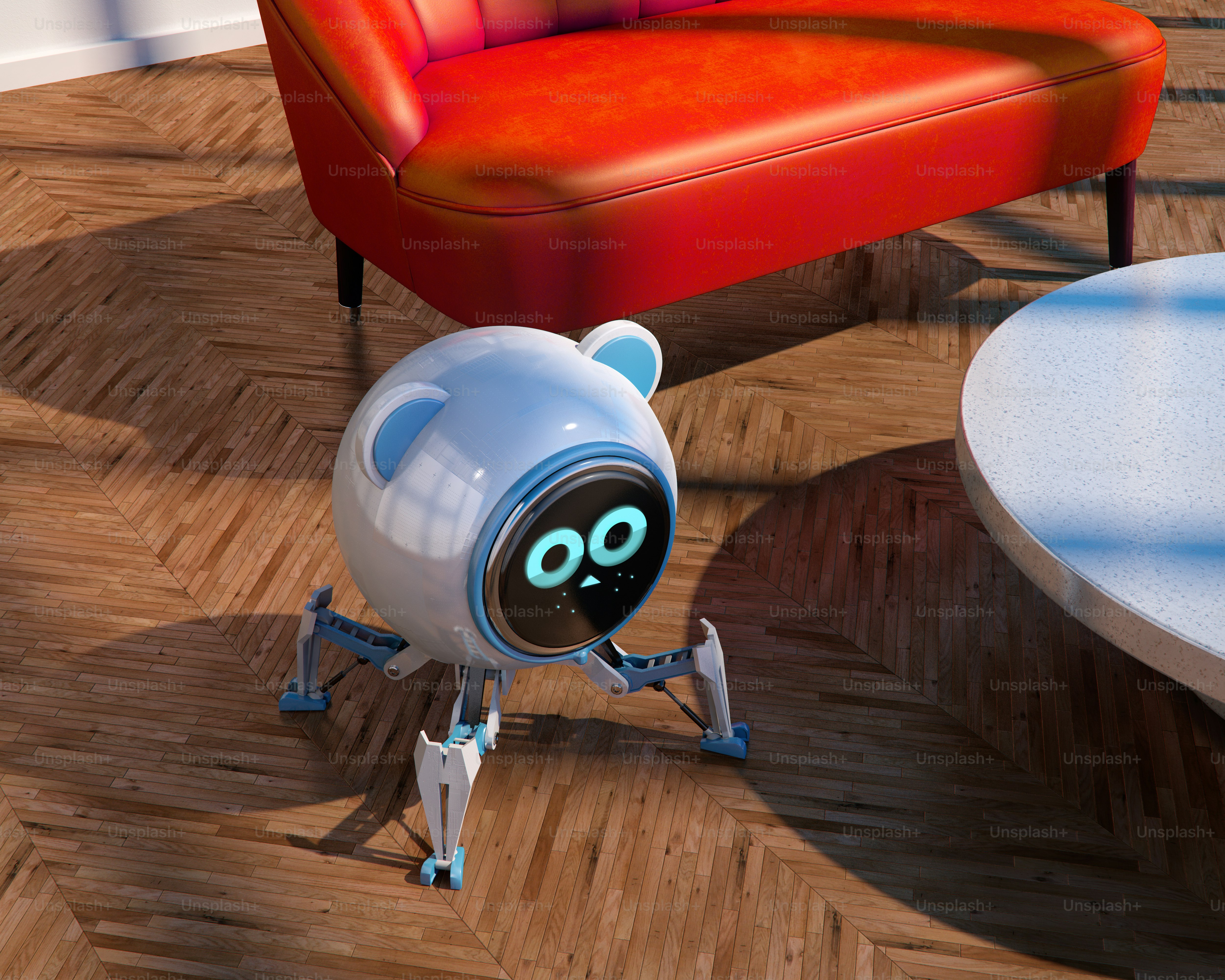 A white robot sits on a vibrant yellow sofa. photo – Artificial ...