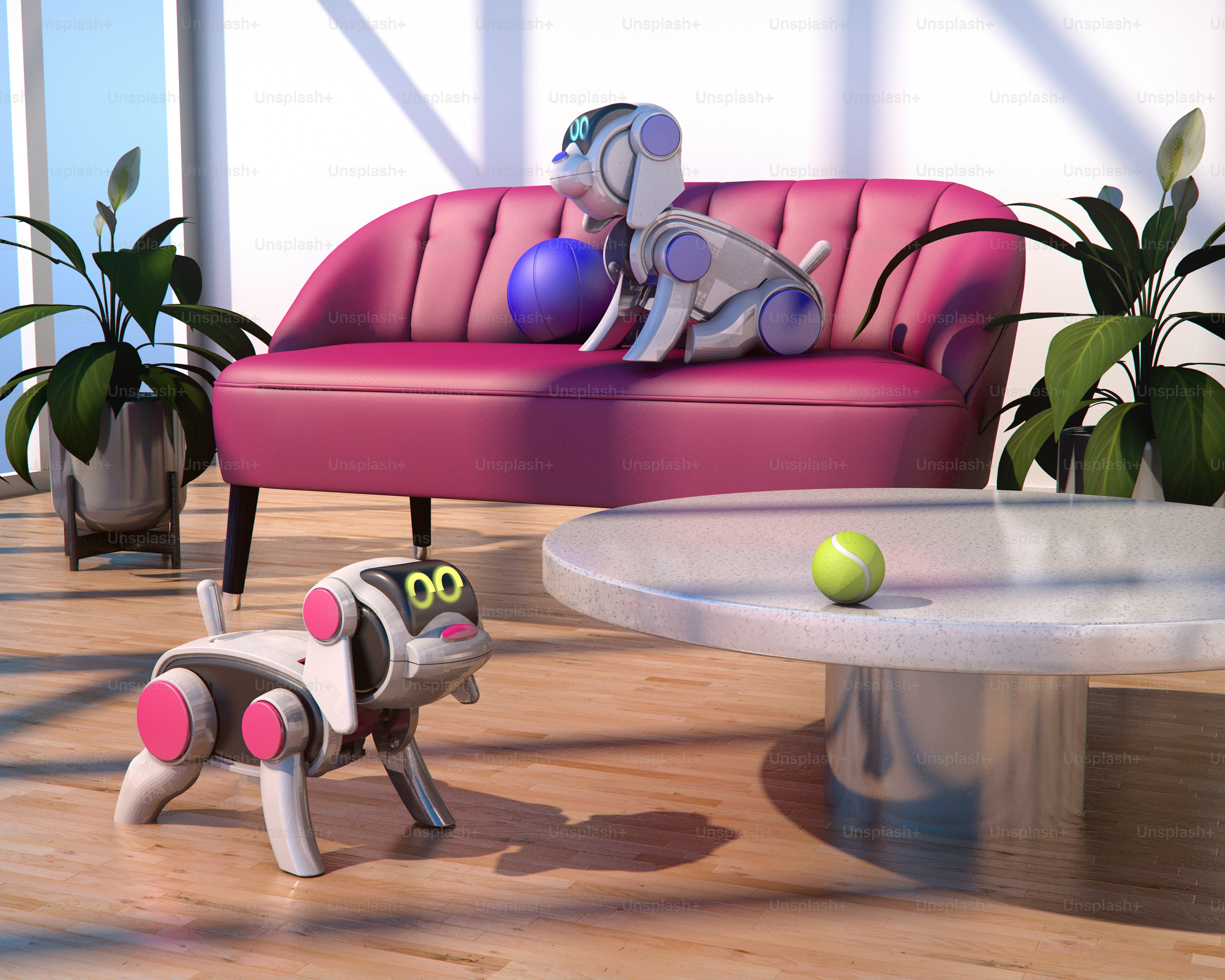 Two cute robots with legs in a modern blue kitchen. photo – Artificial ...