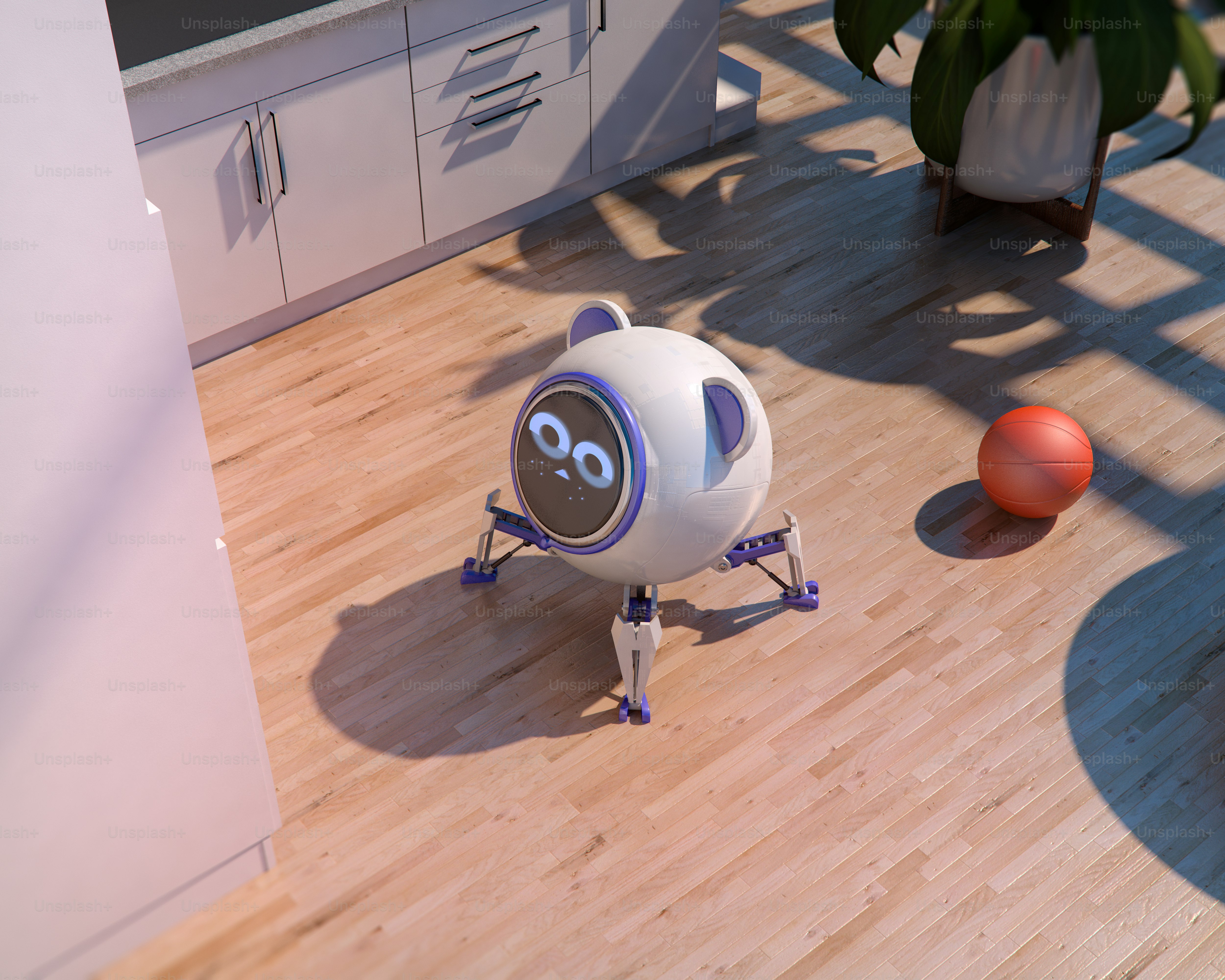 A white robot with purple legs and a red ball. photo – Technology Image ...