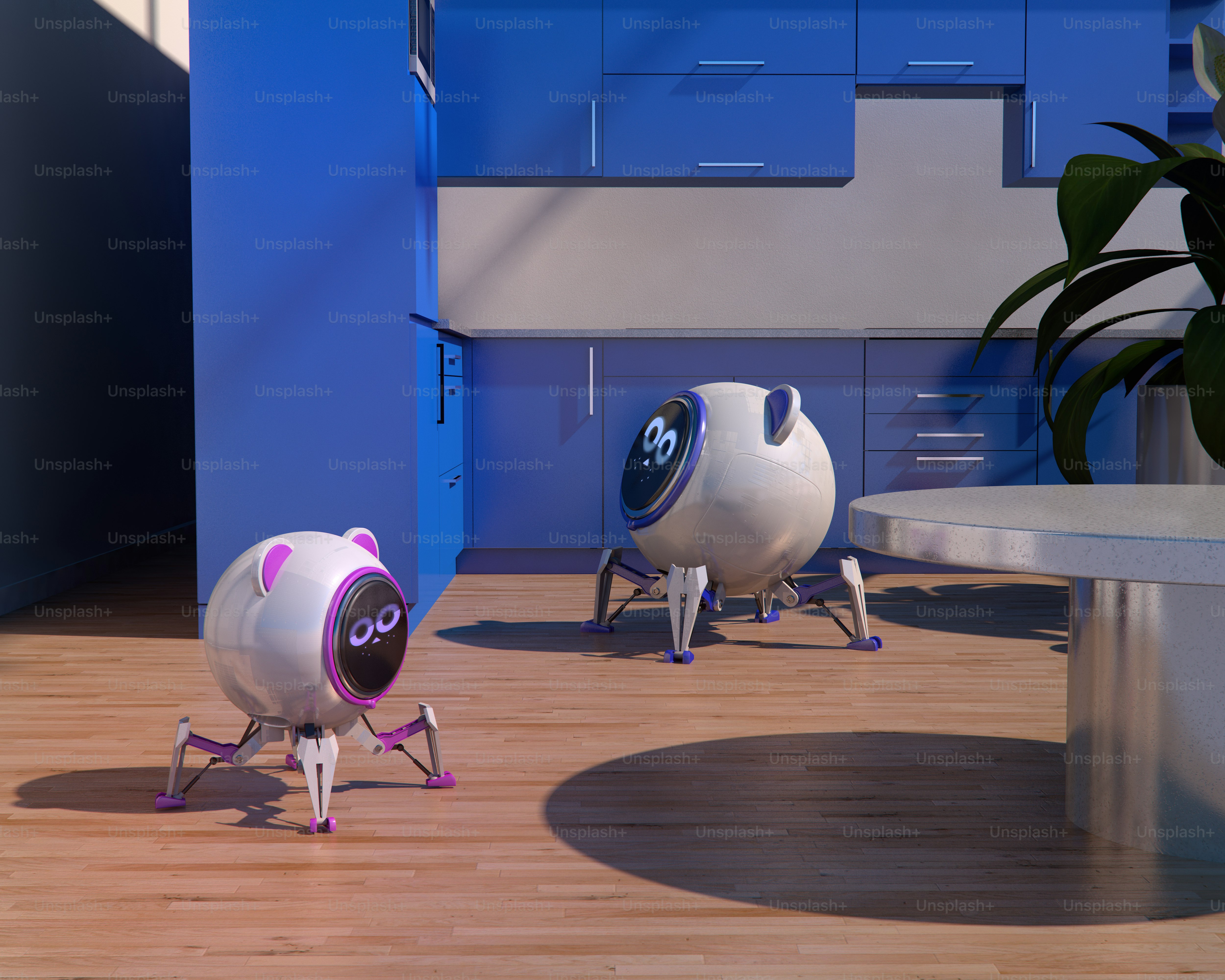 Two cute robots with legs in a modern blue kitchen. photo – Artificial ...