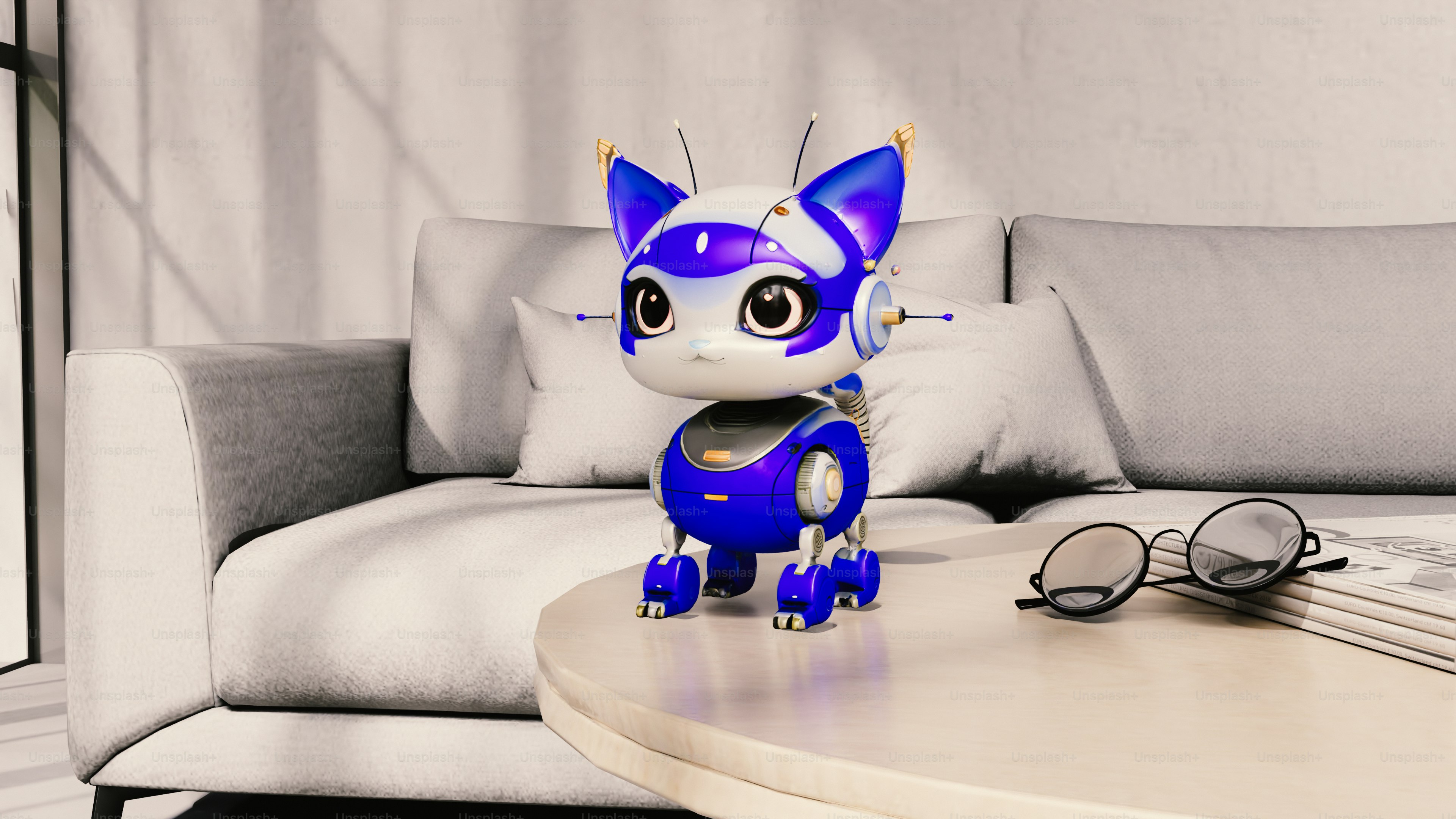 A blue and white robotic cat sits on a table. photo – Technology Image ...