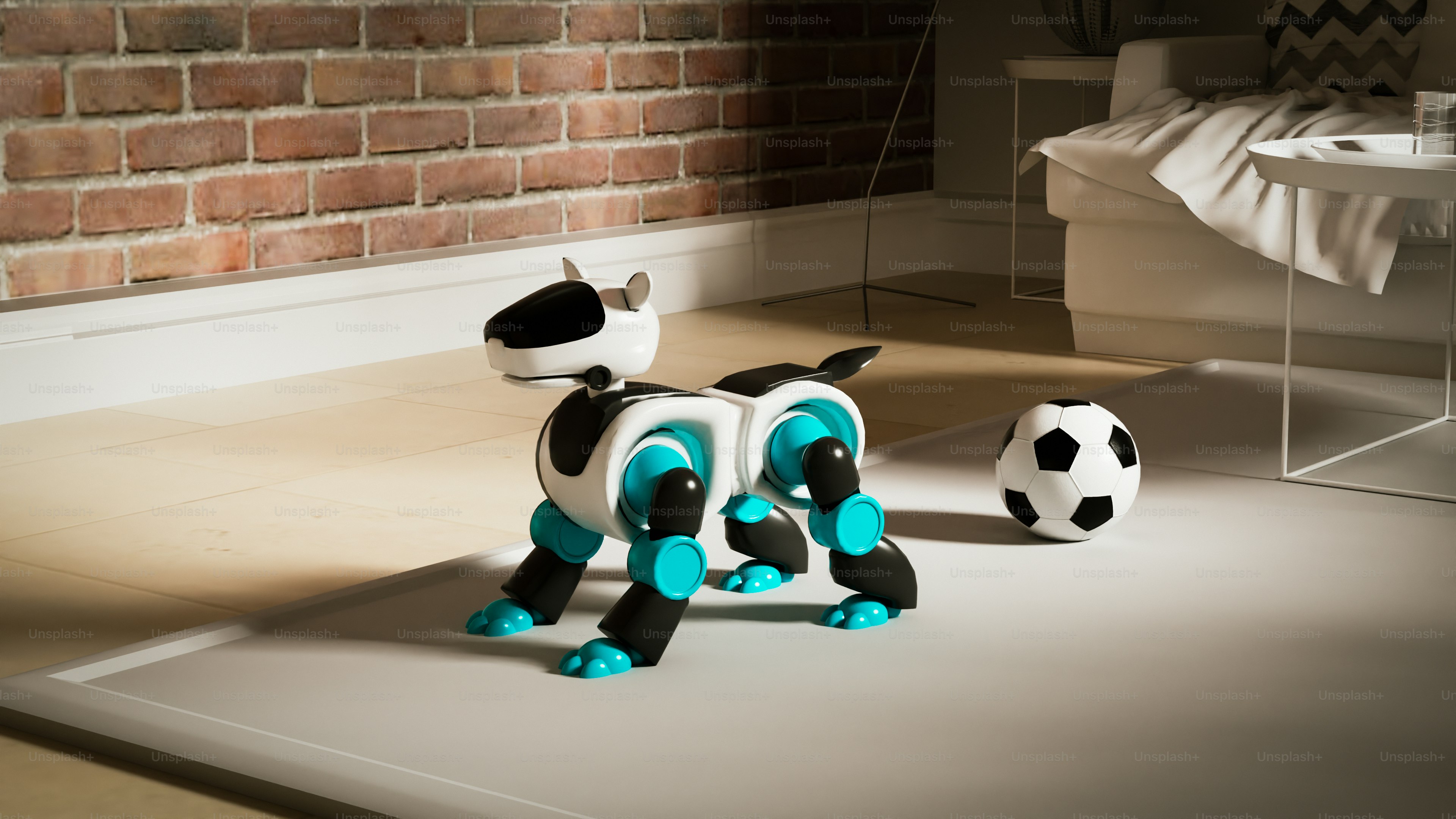 A blue and white robotic cat sits on a table. photo – Technology Image ...