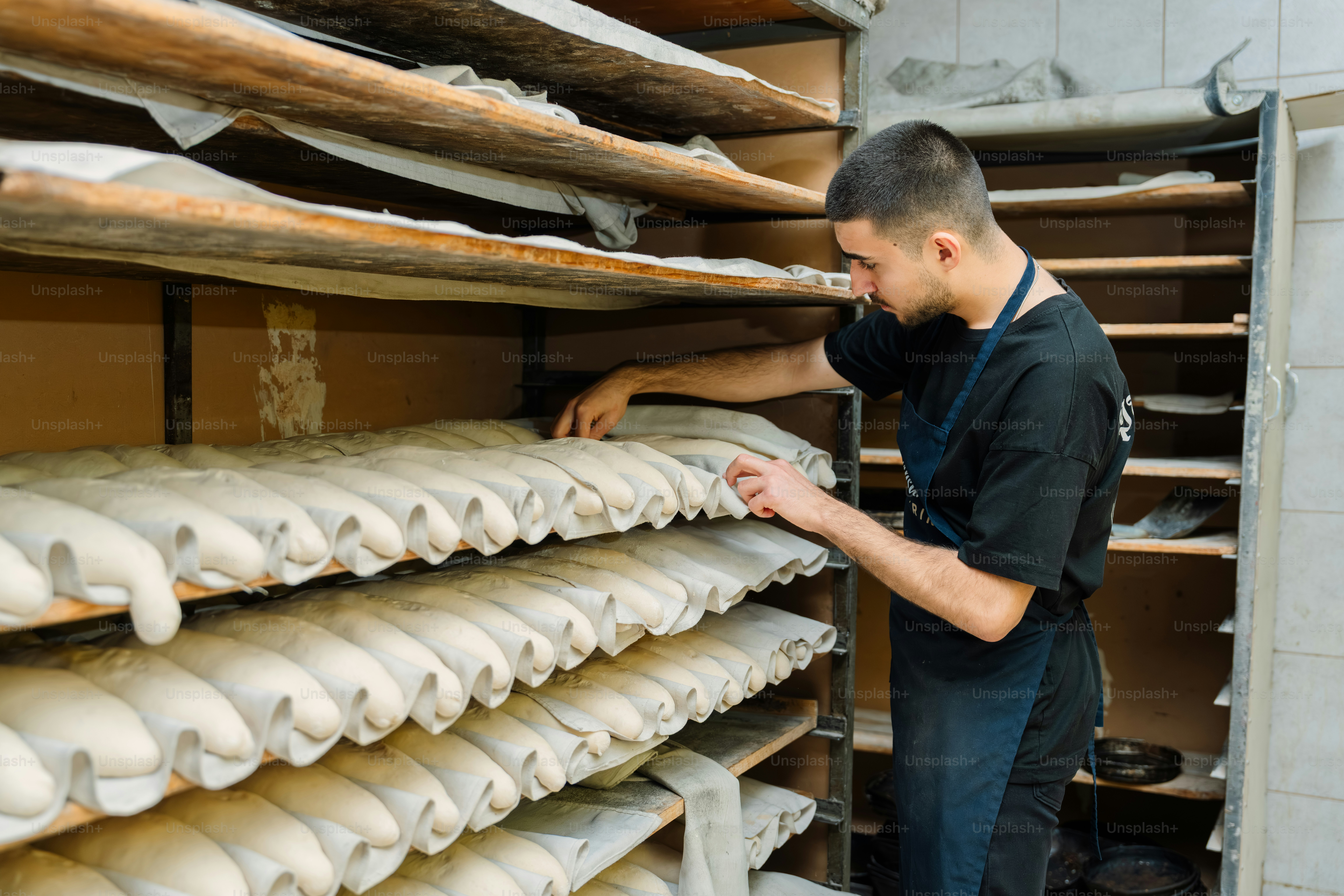 Baker inspecting rows of rising bread dough. photo – Bakery Image on ...