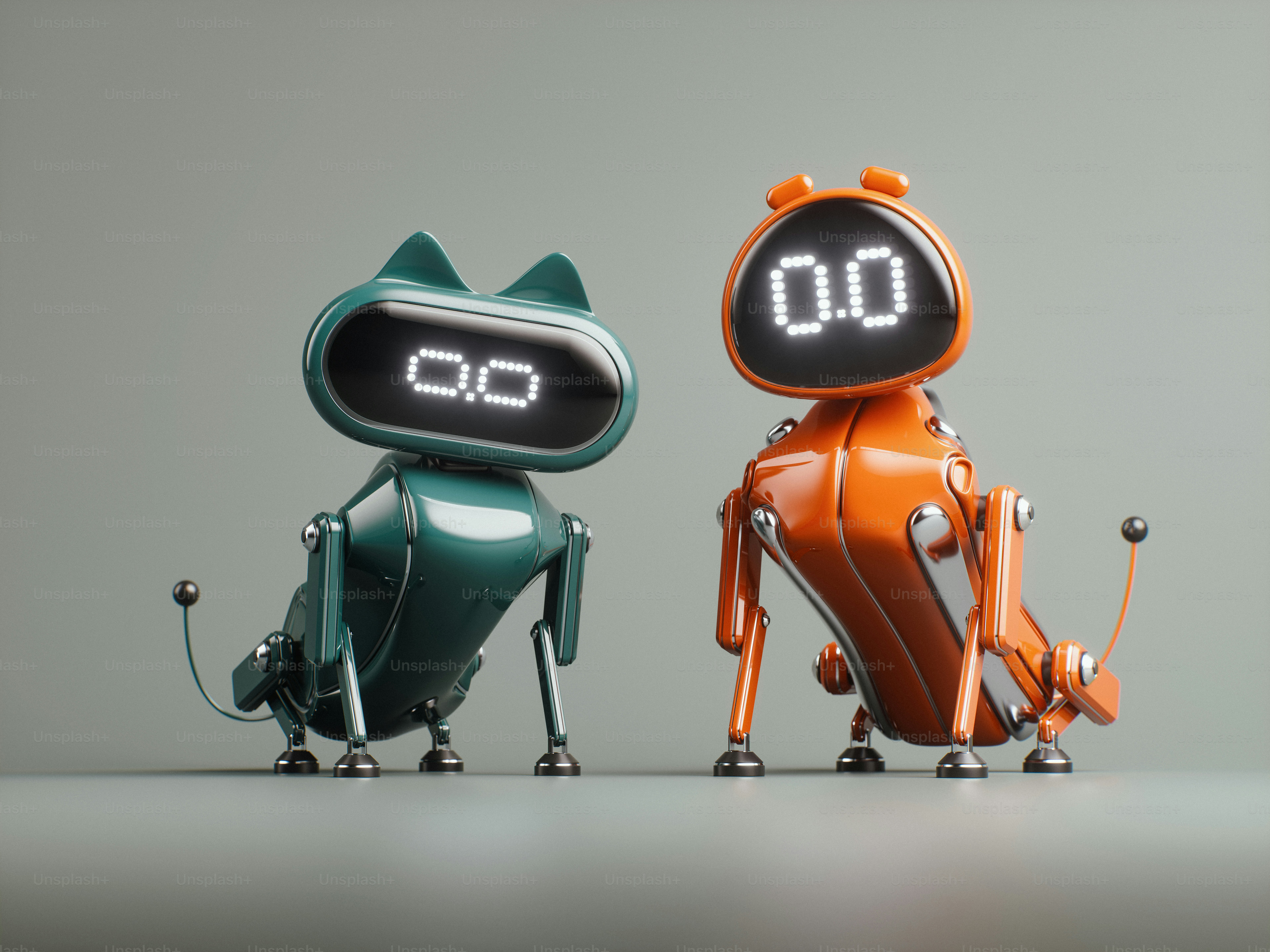 Three metallic cat-like robots observe a small blue ball. photo ...