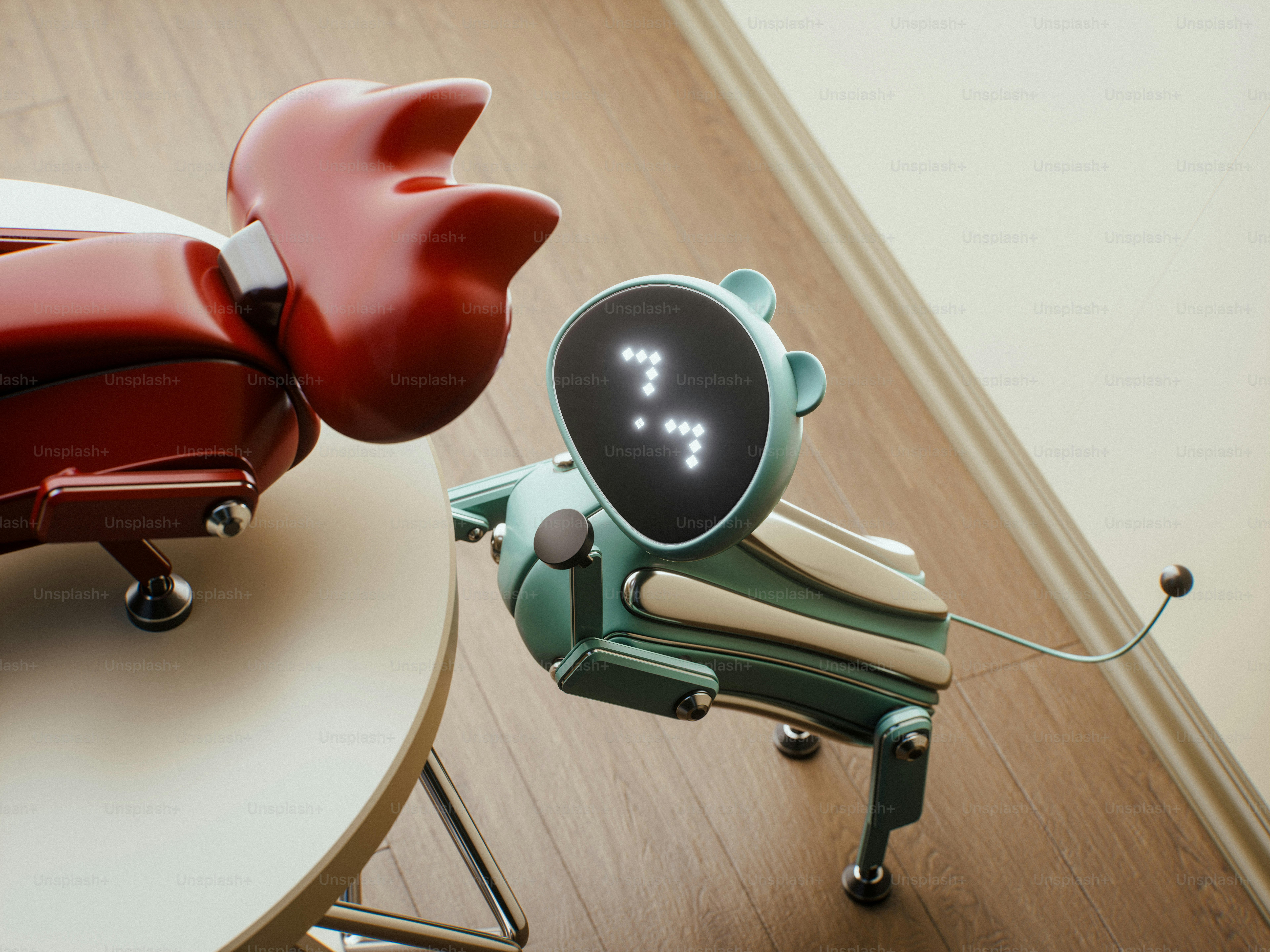 Three metallic cat-like robots observe a small blue ball. photo ...