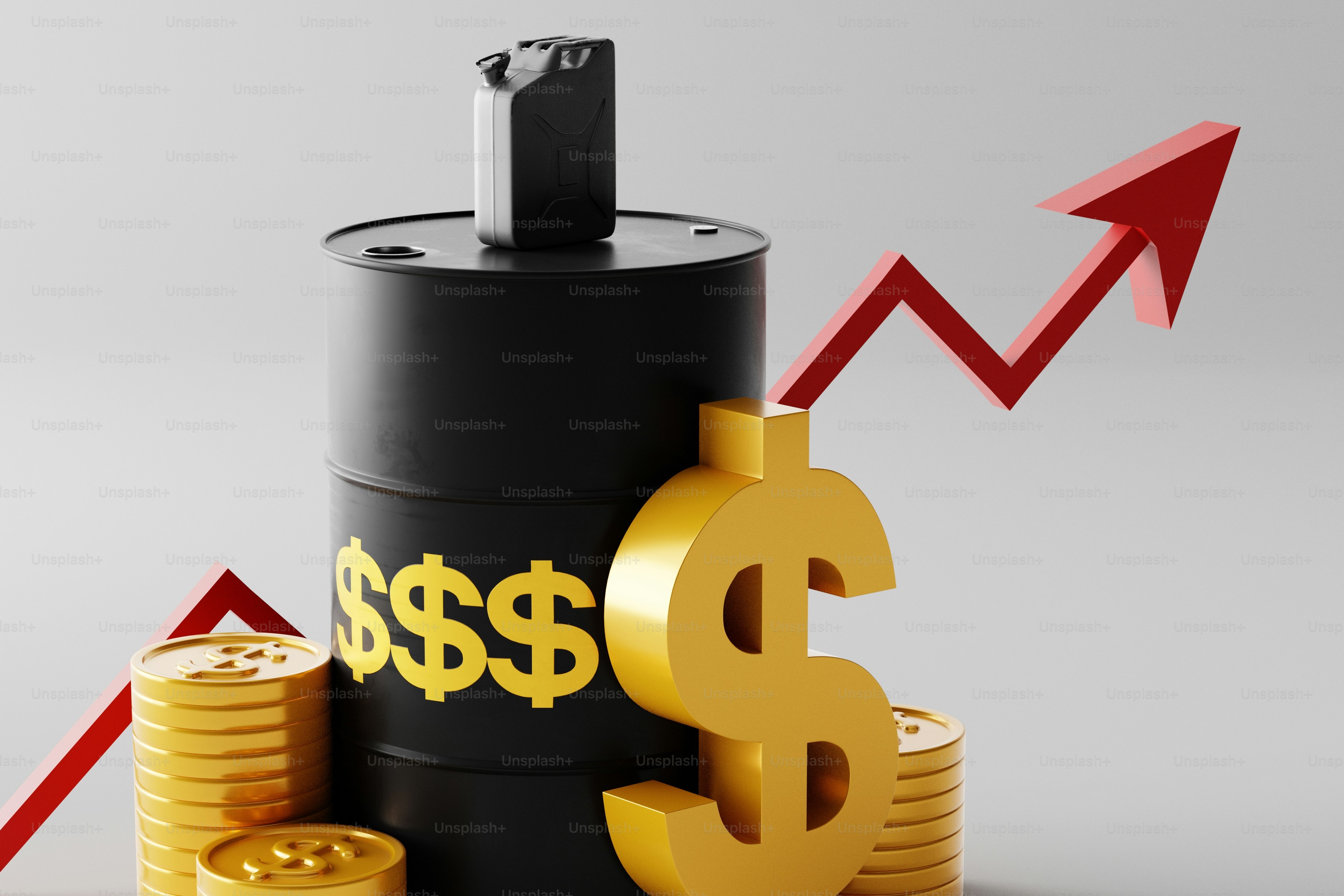 Red gas pump and oil barrels with rising price arrows. photo – Design ...