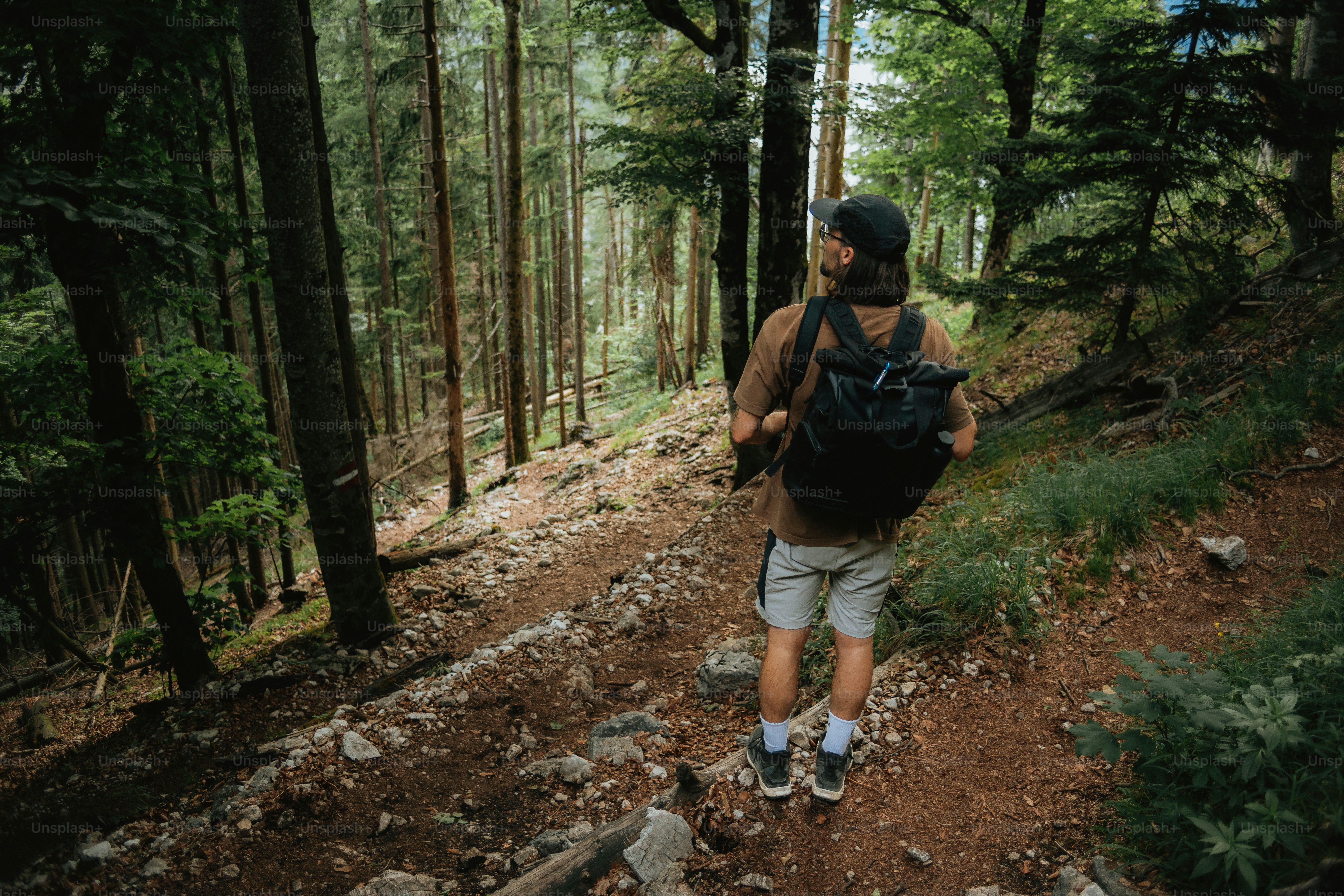 A person with a backpack looking at snowy mountains. photo – Mountains ...