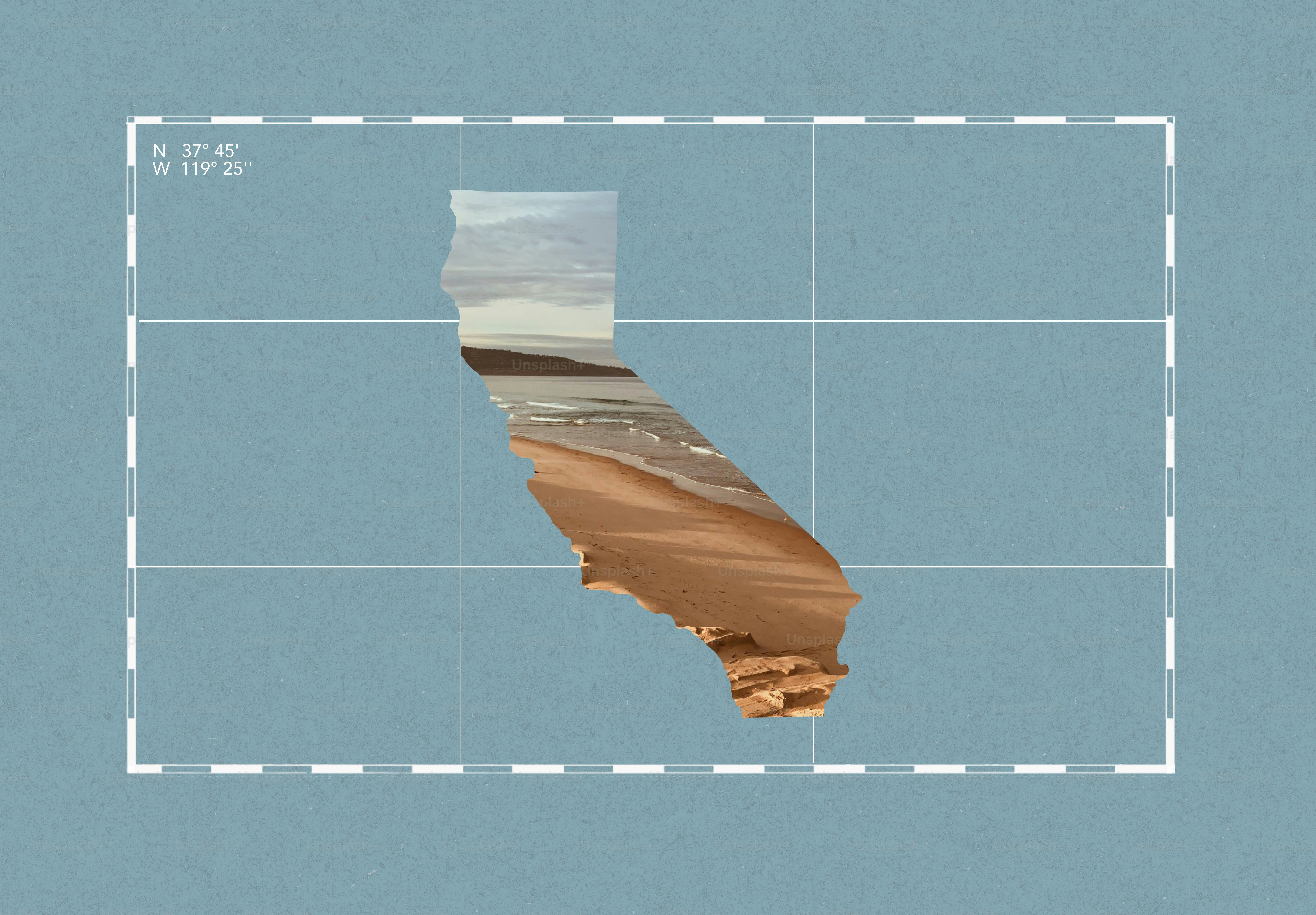 Transparent california map outline over a sandy beach and ocean. photo ...