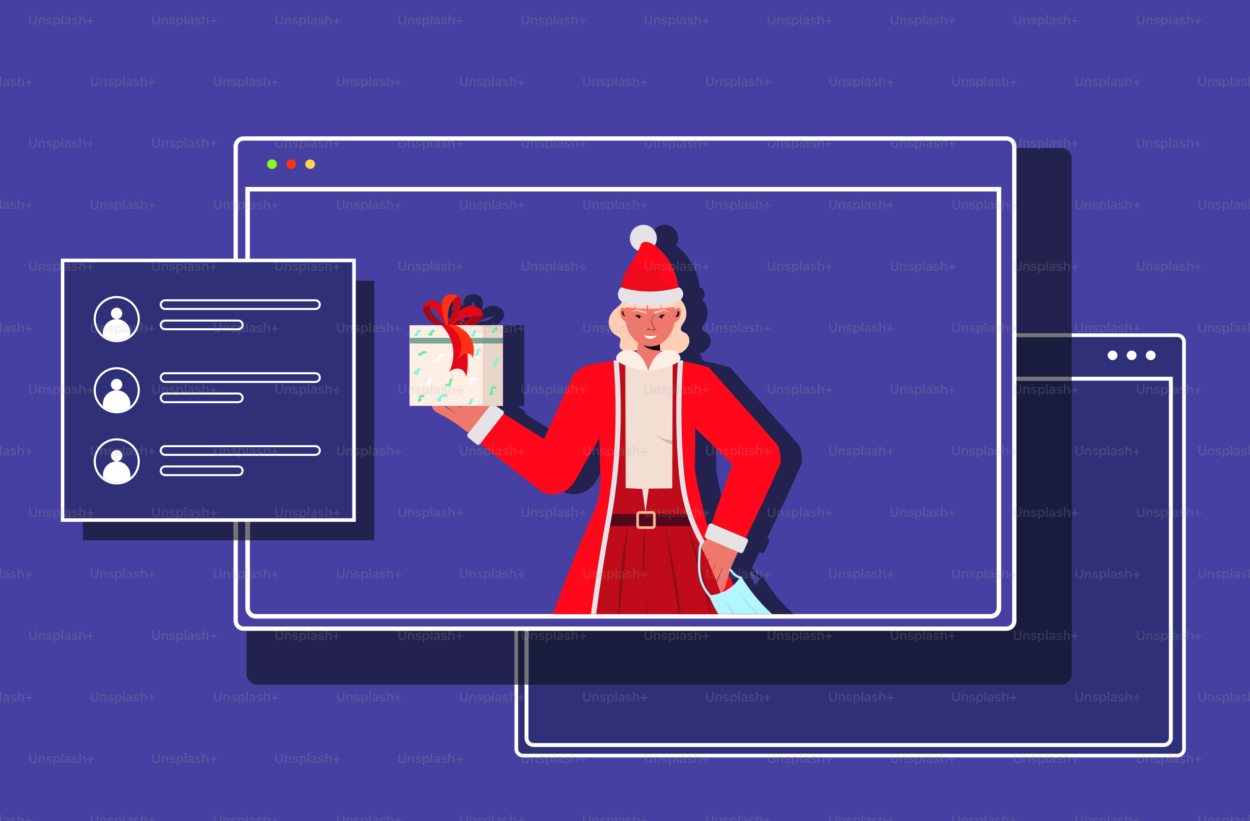 Santa woman in web browser window holding gift box new year christmas ...
