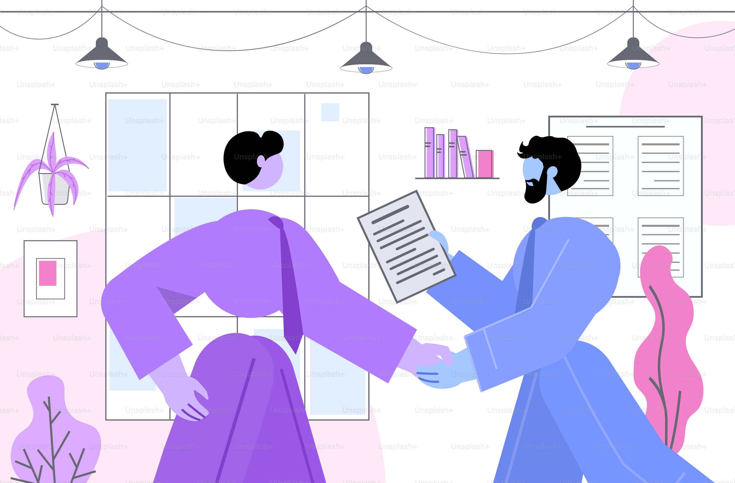 Vektor Pelamar kerja dengan resume dan majikan berjabat tangan jabat ...