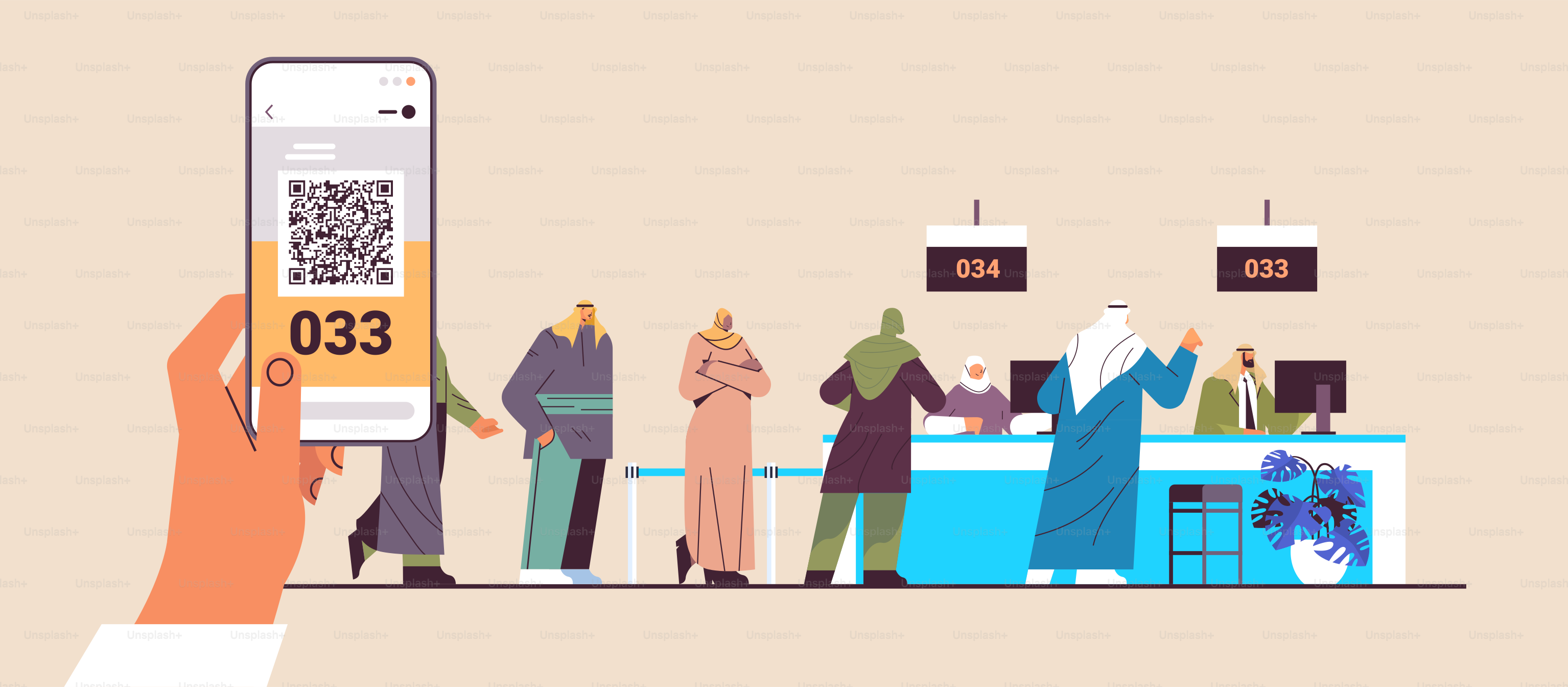 Arab people looking at display number board in waiting room electronic ...