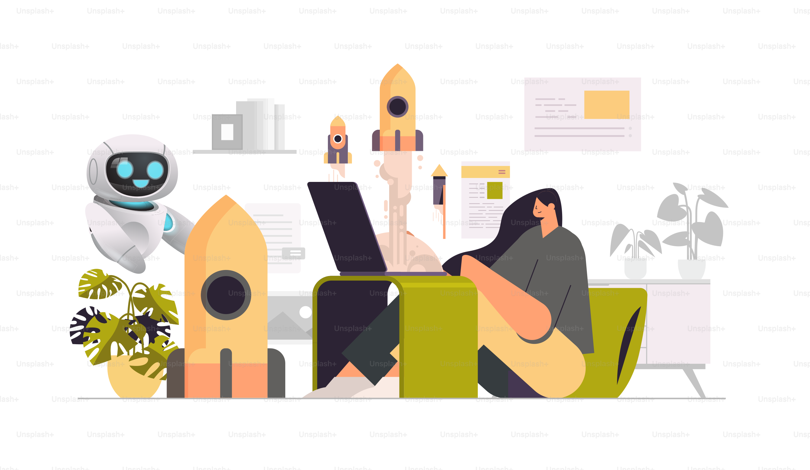 Businesswoman with robot helper launching rocket creative project startup business artificial ...