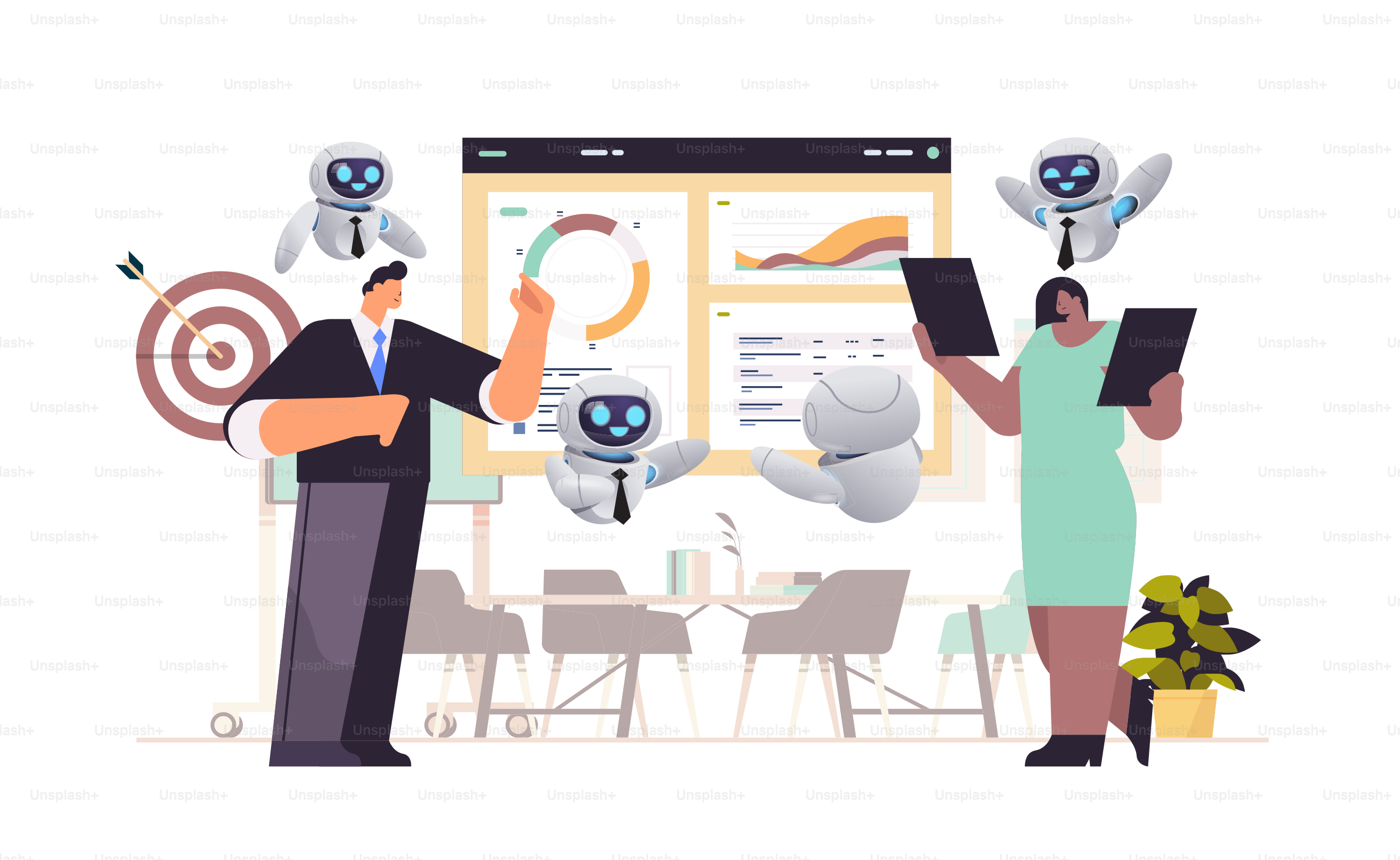 Mix race businesspeople with robots presenting financial statistics charts graphs and diagrams ...