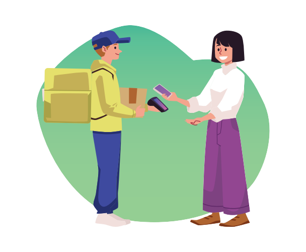 La fille souriante paie le courrier avec un code QR style plat ...