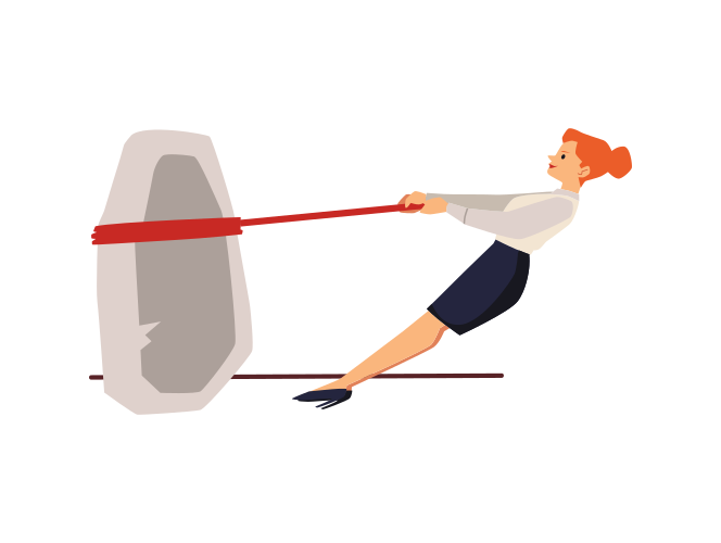 Young woman push stone, boulder. Businesswoman moving towards success ...