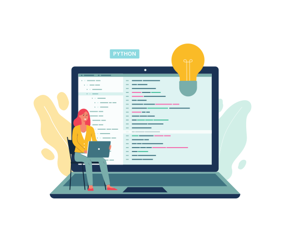 Programmer writing code on computer screen - cartoon woman sitting with ...