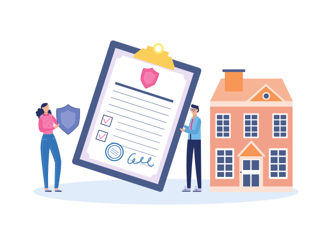 House and property insurance concept with agent and house owner ...