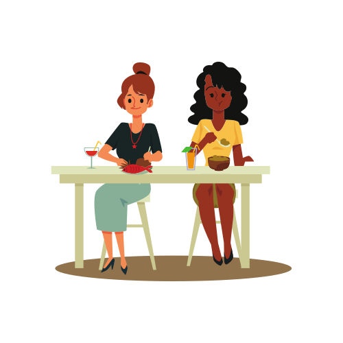 Caucasian and african american women cartoon characters eating in ...