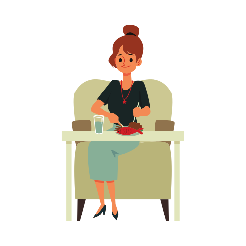 Cartoon woman eating red fish meal sitting on a chair with table ...