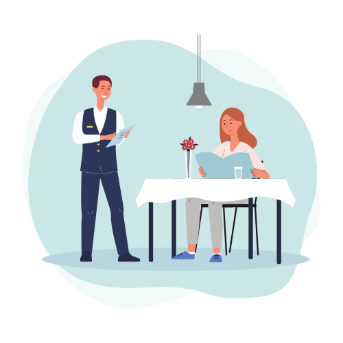 Restaurant or cafe ordering scene with woman character sitting at table ...