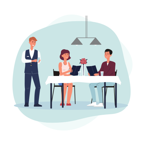 Couple eating out, man and woman cartoon characters ordering food in ...