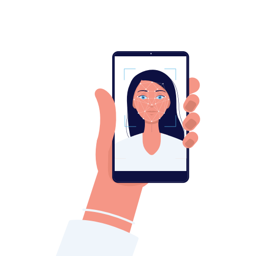 Face recognition technology - hand holding a phone with cartoon woman ...