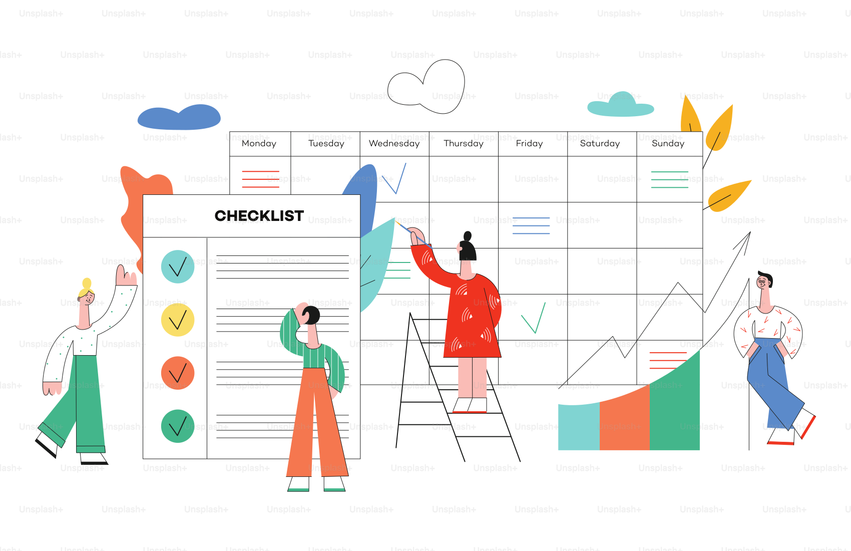 Vector flat colleagues at planning meeting discussing job tasks near ...