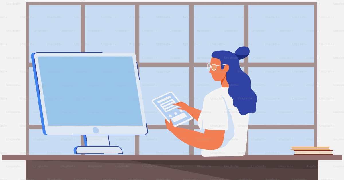 노트북에서 일하는 젊은 여자 현대 기술이 적용된 직장에서 안경을 쓴 여성 캐릭터 프리랜서 또는 사무직의 장면 레이디는 컴퓨터 장치 벡터 삽화와 함께 스탠드 근처에 서