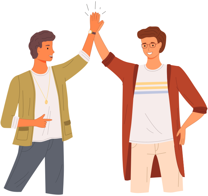 Two people giving high five, standing happily with hands together ...