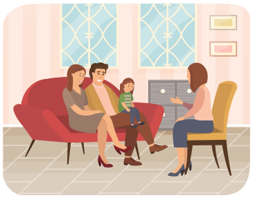 Conversation between parents, child and female psychologist or psychotherapist. Family ...