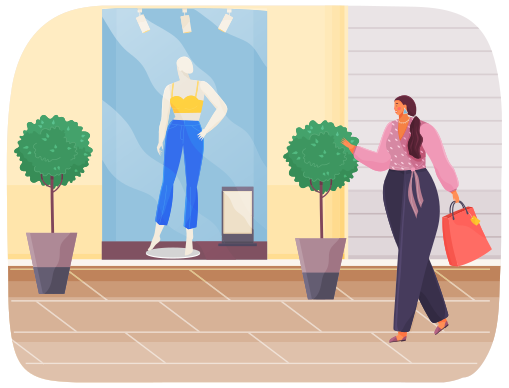 Plump woman with package looks at shop window with dummy. Overweight ...