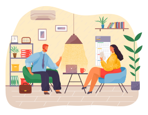 Business meeting, man and woman sit at the coffee table, work together ...