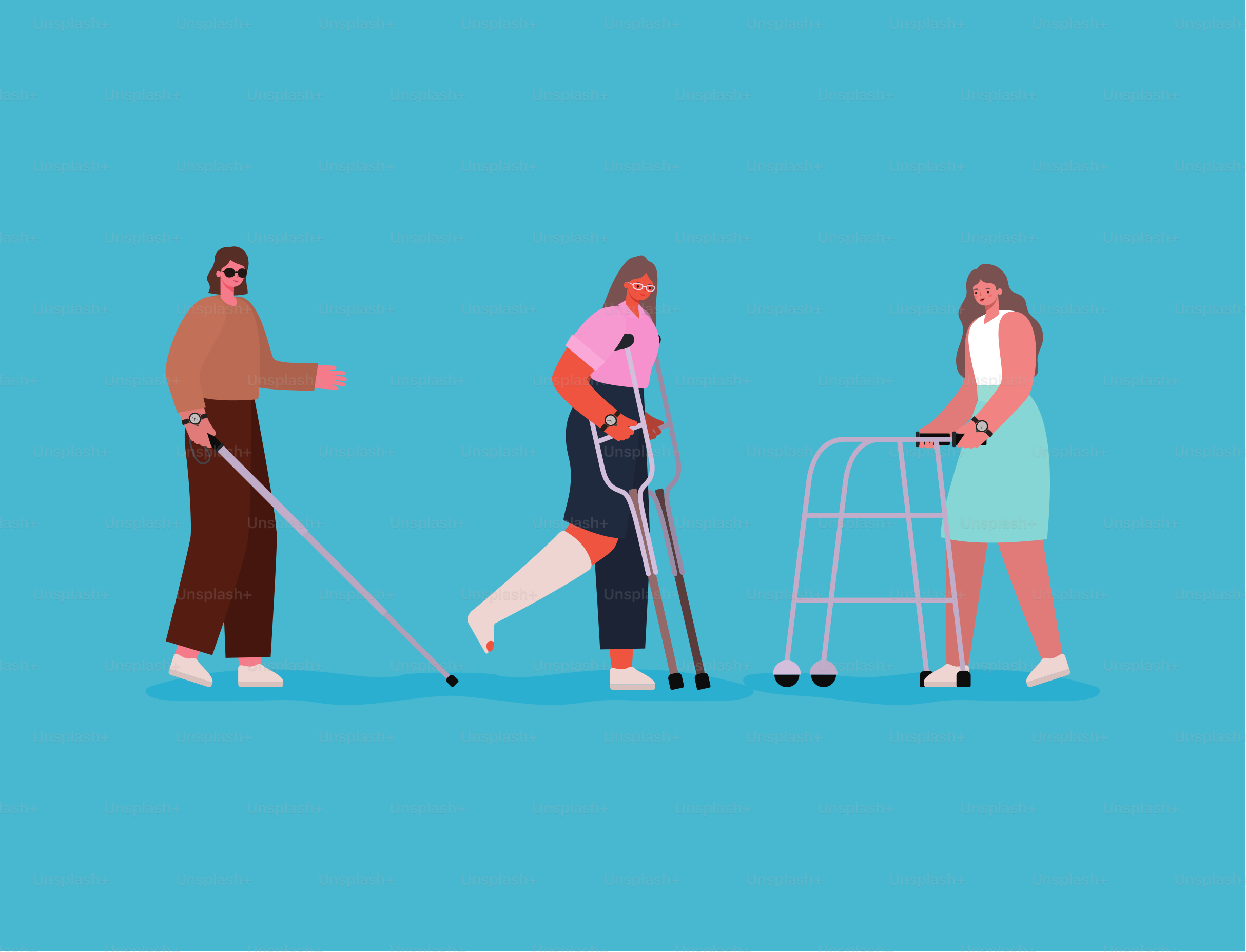Disability women cartoons with cane leg cast crutches and walker ...