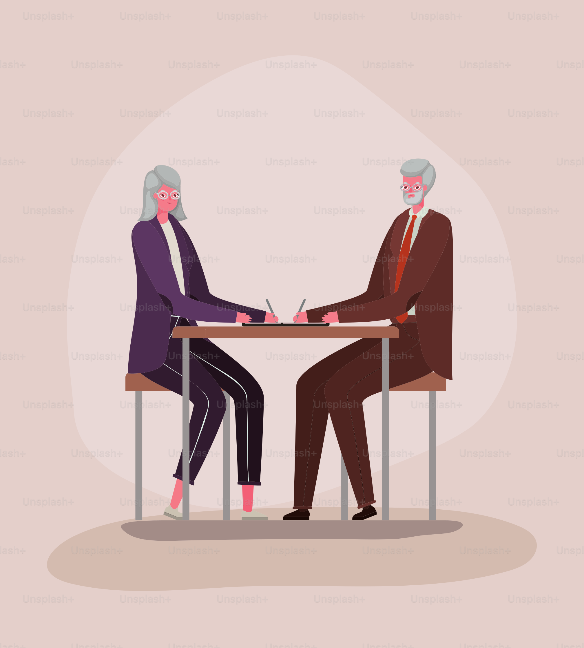 Senior woman and man cartoons at desk design, grandmother and ...